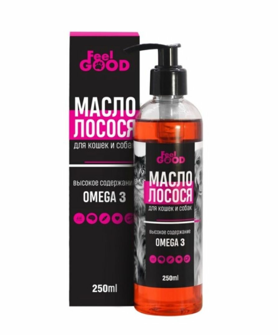 FeelGood кормовая добавка / лососевое масло / витамины Омега 3 к рациону собак и кошек для поддержания здоровья шерсти и кожи, 250 мл