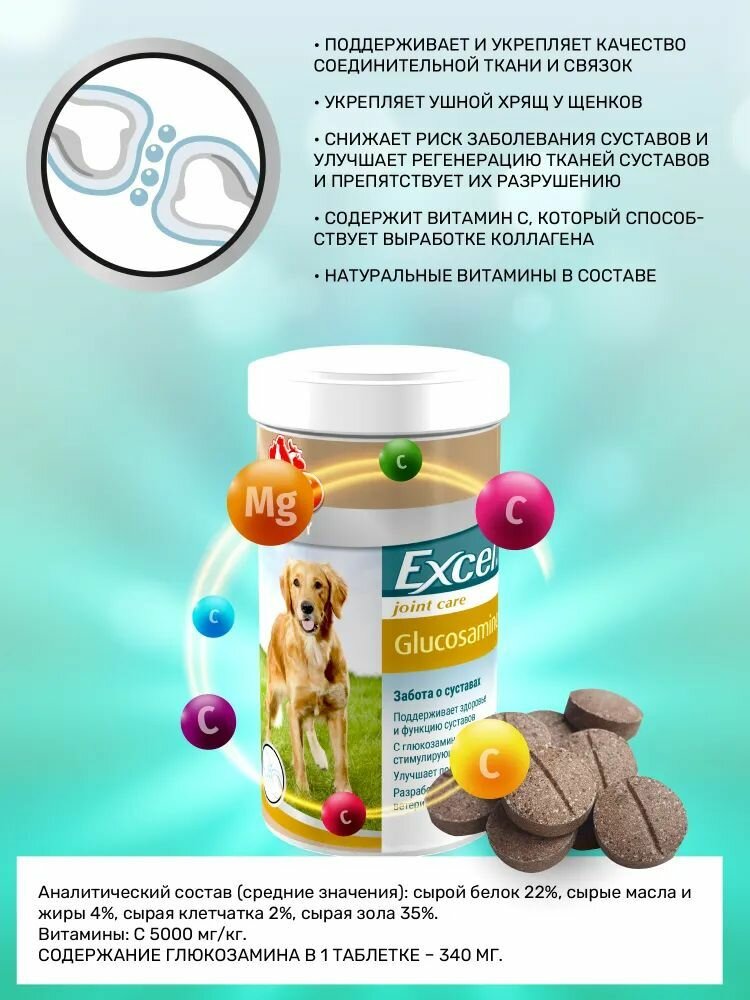Добавка к корму для здоровья и подвижности суставов собак 8в1 Excel Glucosamine, глюкозамин, 55 таблеток — фото 1