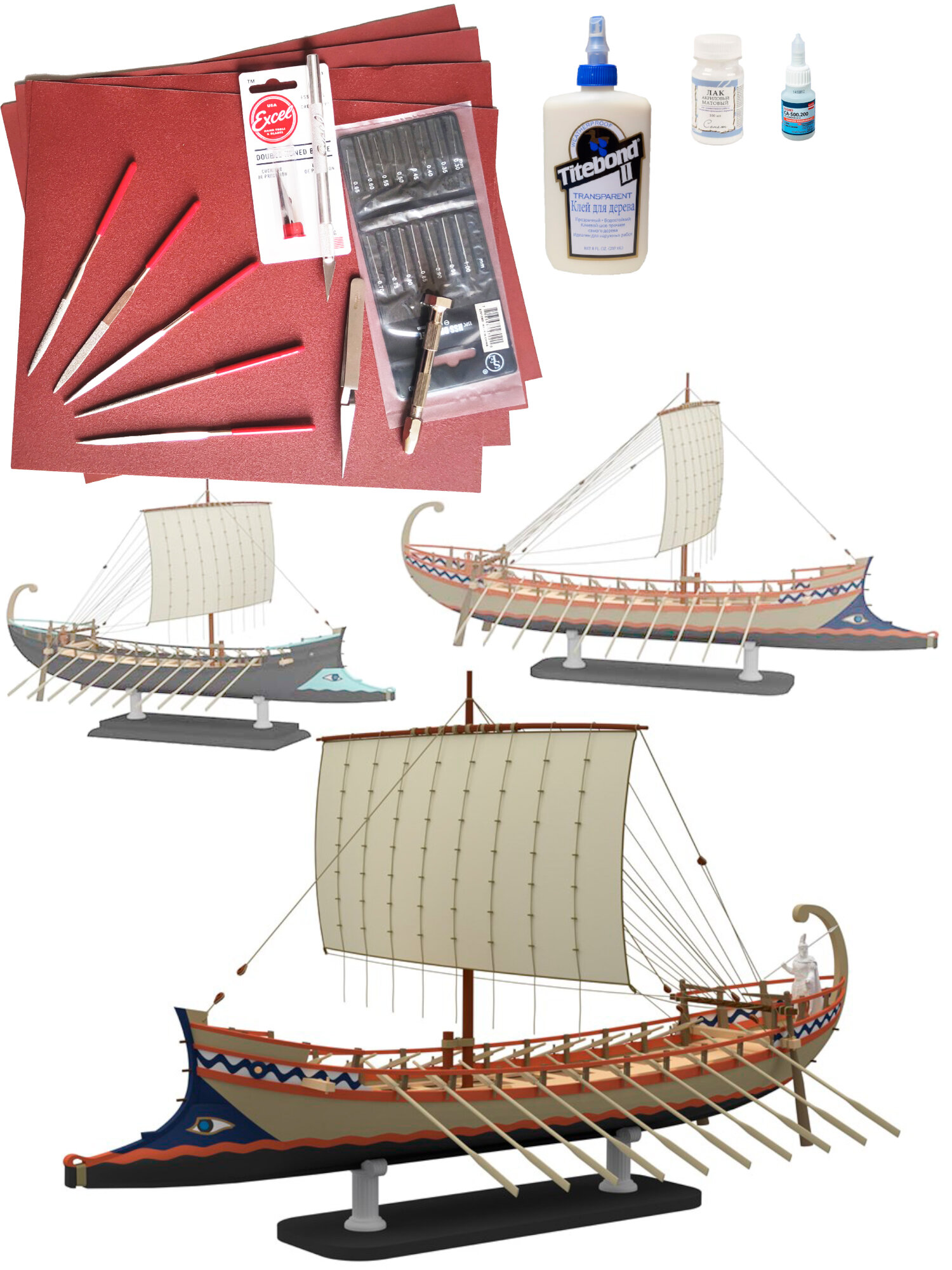 Модель корабля, греческая Арго + фигурка Ясона, 80 часов, 230х120х115 мм, подарочный набор, инструменты, лак, клея