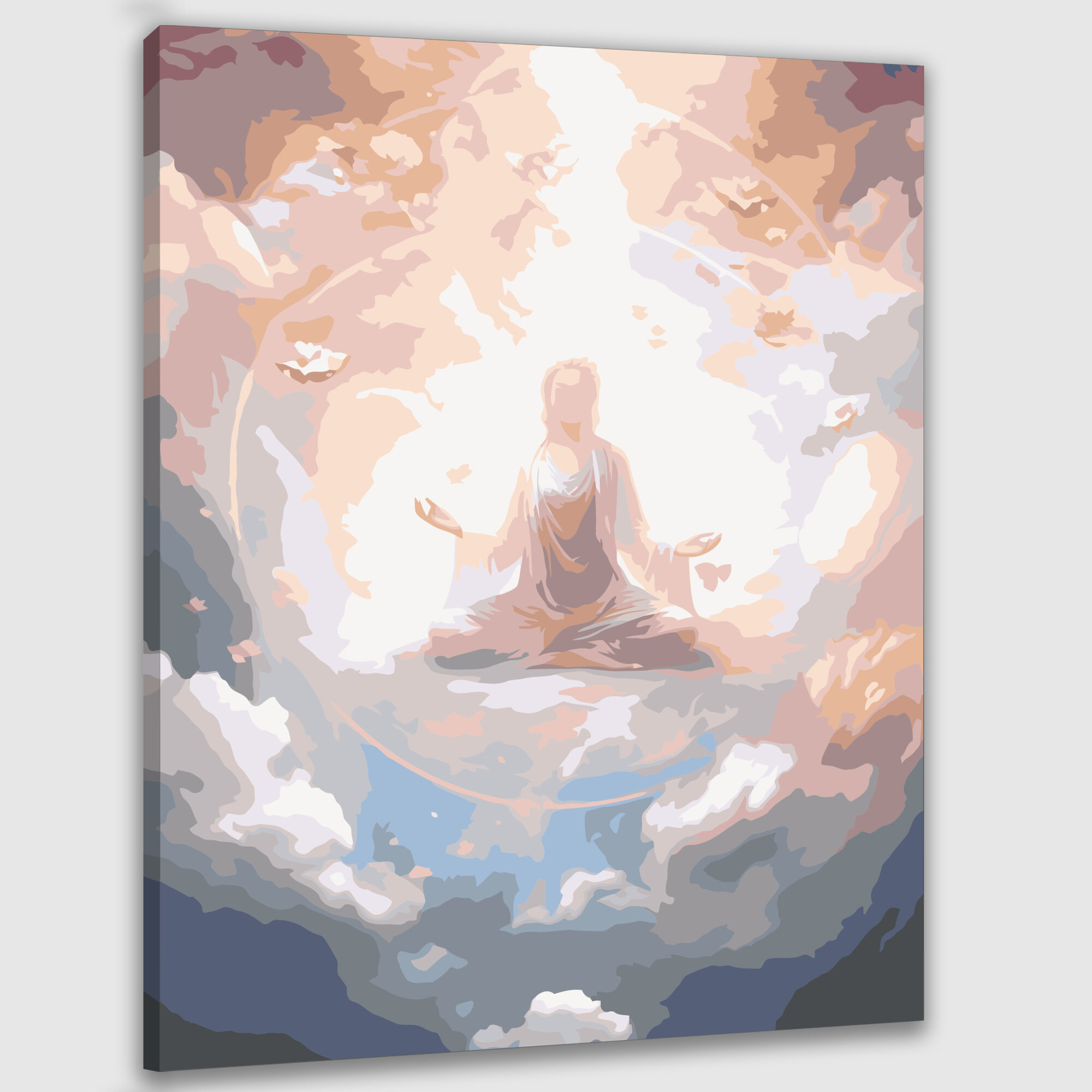 Картина по номерам 40x50 см, медитирующий Будда, небесное царство, облака, лучи света, трансцендентность