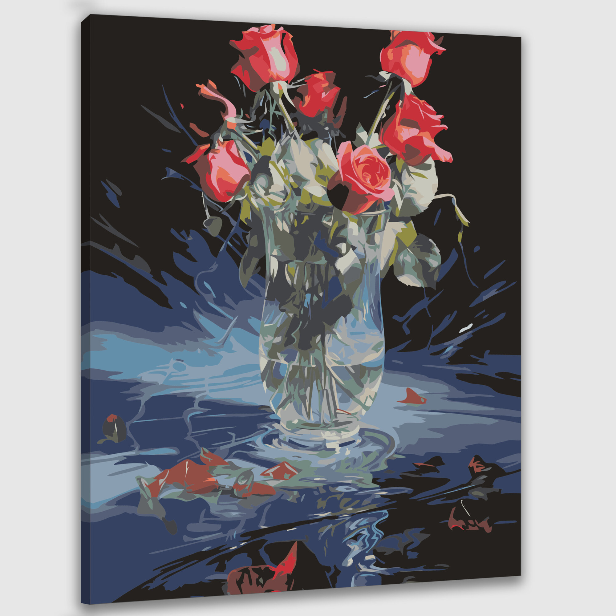 Картина по номерам 40x50 см, картина, масло, букет, красные розы, ваза, стекло, лепестки, вода, свет, тени