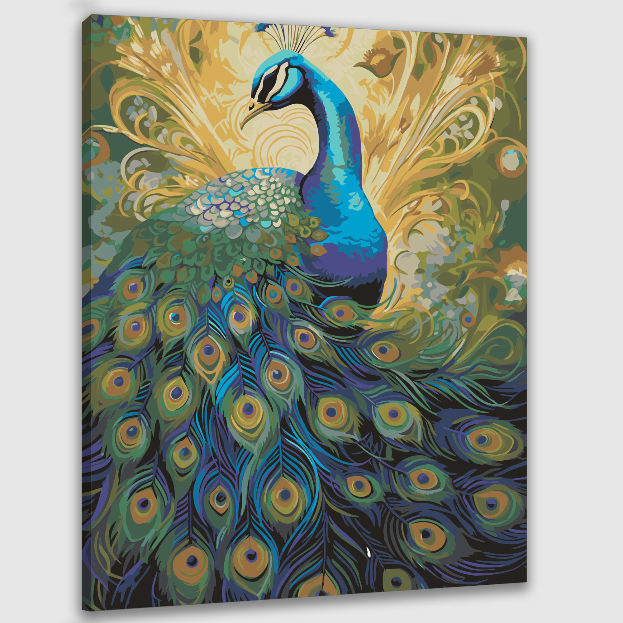 Картина по номерам 40x50 см, картина, масло, павлин, оперение, синий, зеленый, золотой, детали перьев, узоры, блеск