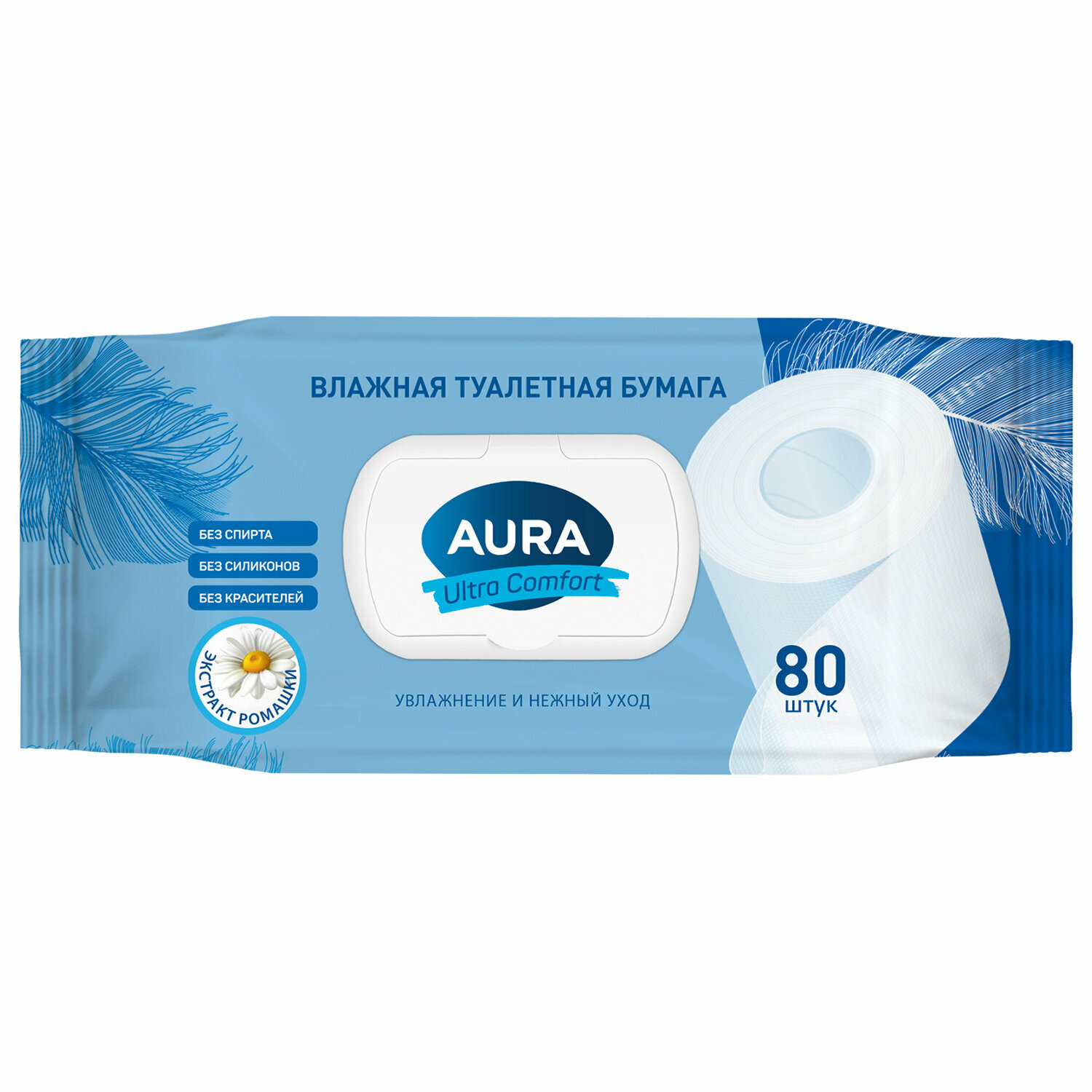 Упаковка 12 шт. Бумага туалетная влажная 80 шт, AURA "Ultra Comfort" с пластиковым клапаном, 14055