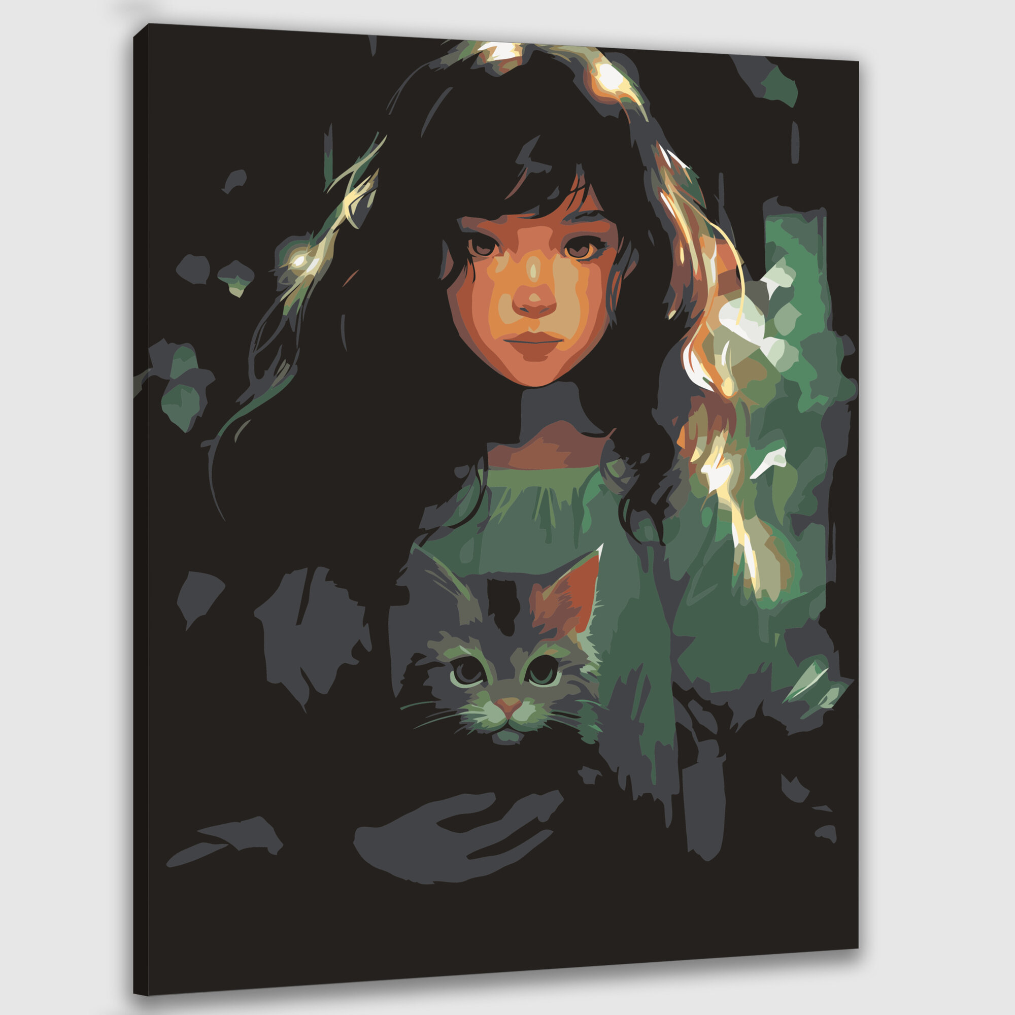 Картина по номерам 40x50 см, цифровая иллюстрация, молодая девушка, кошачья голова, мистический лес, мягкий свет