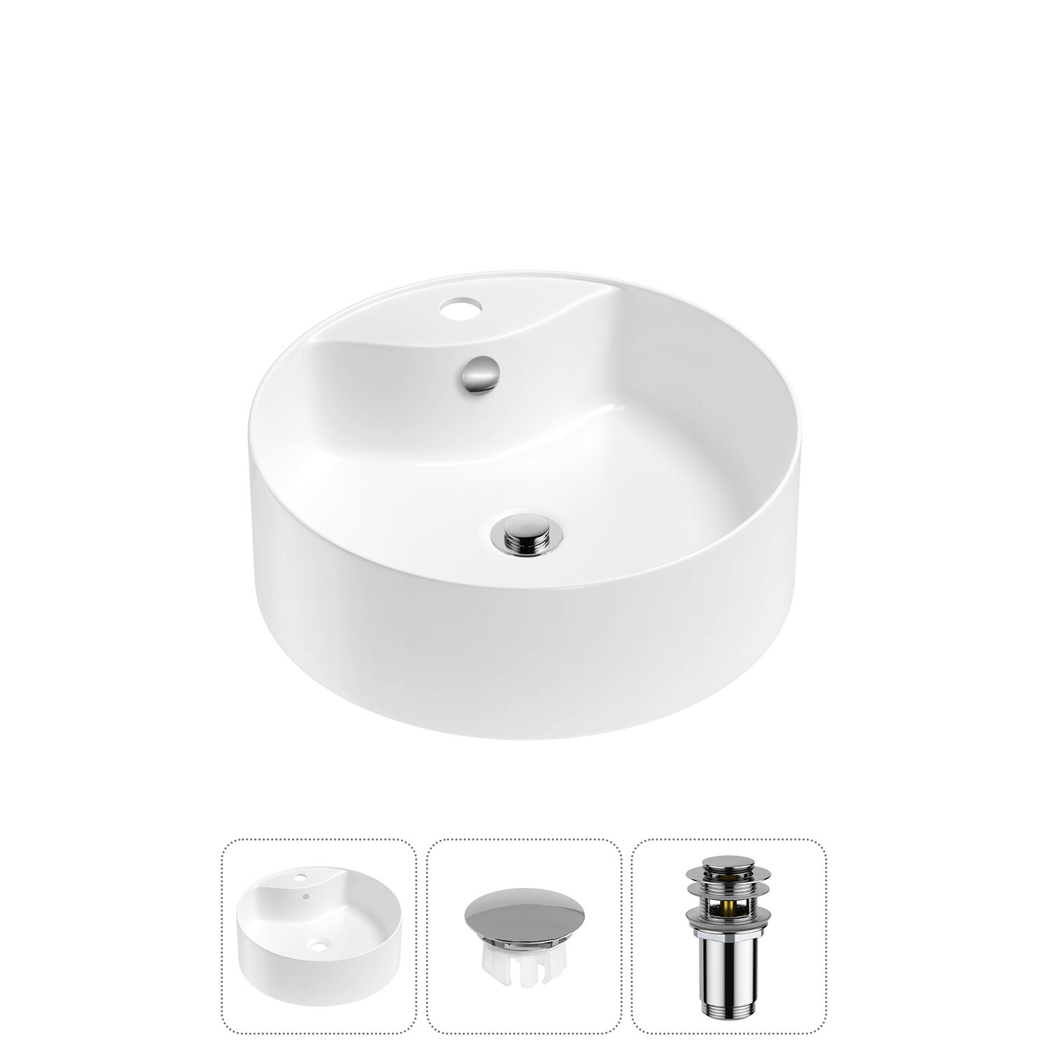 Накладная раковина в ванную комнату Wellsee Praxis 20216961R в наборе 3 в 1: раковина 46 см в цвете белый глянец с заглушкой на переливзаглушка на перелив, донный клапан