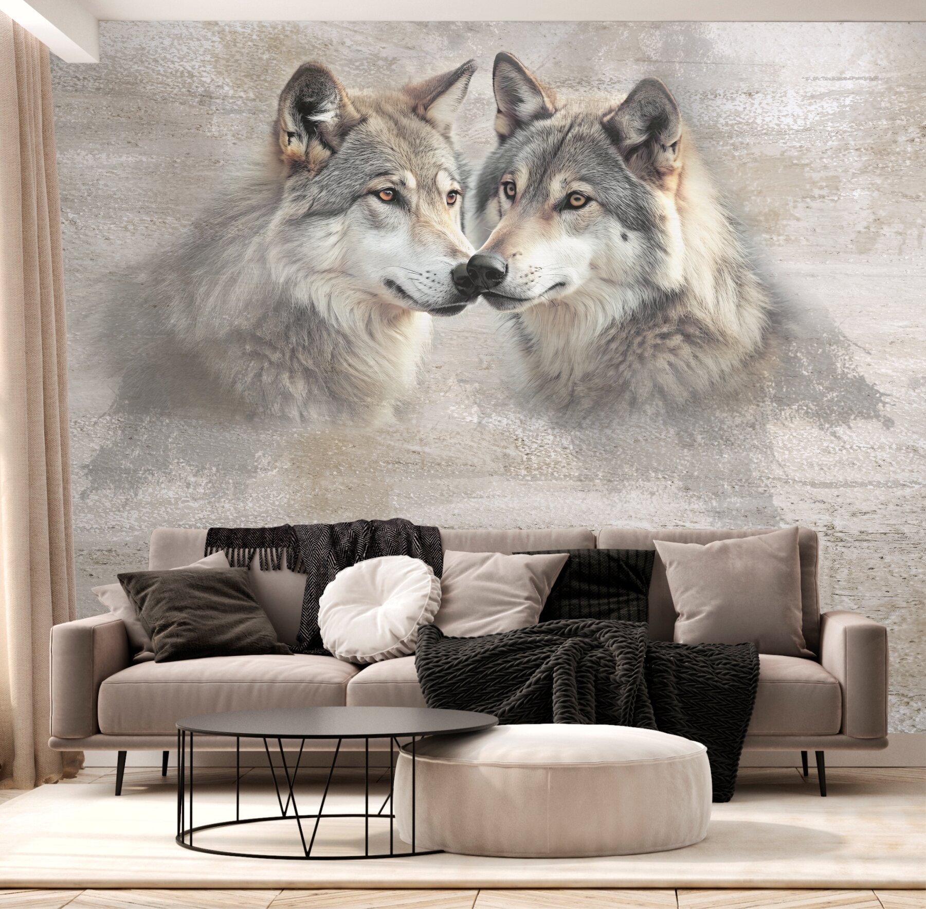 Флизелиновые фотообои "Пара волков гранж" 300х270 см в спальню, в коридор, в гостиную, молодежные, современные, лофт