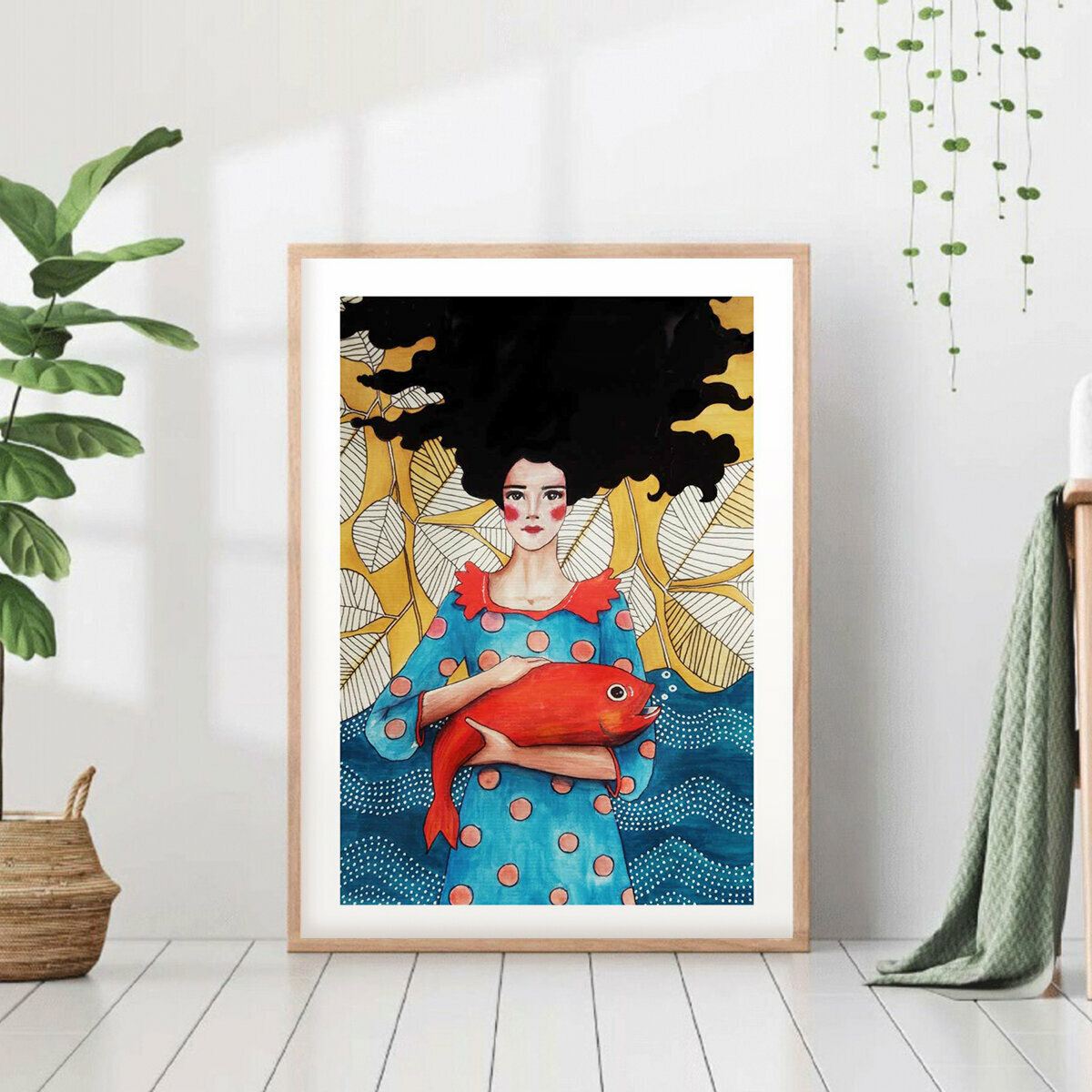 Постер "Девушка с рыбой" 40x50 без рамки на стену для интерьера