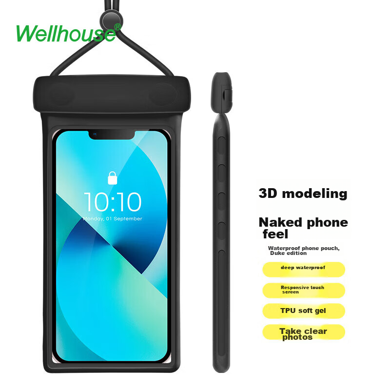 WELLHOUSE Waterproof Phone Case, Touchscreen 3D Waterproof Soft Gel Pouch, for Swimming, Hot Springs, Photography, Diving, Duke Style, Black