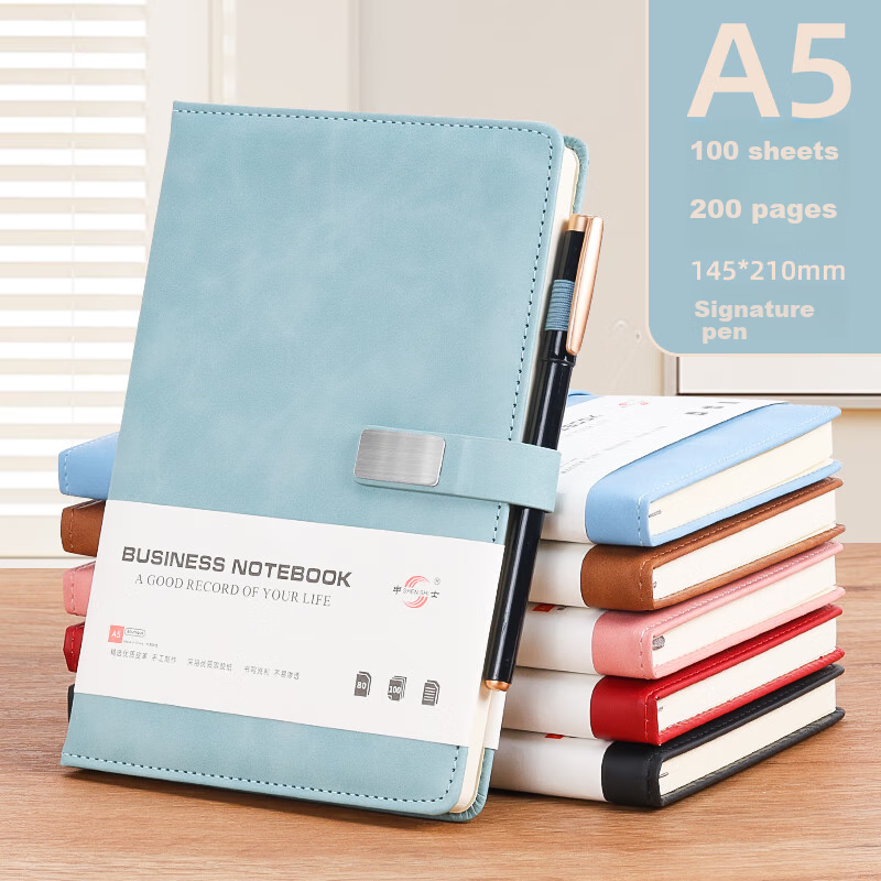 SHEN SHI A5 Business Notebook, Magnetic Clasp Journal, Office And Student Stationery, Diary, Draft Book, Record Book, Customizable, Includes Pen, 100 Sheets, 25-586, Sky Blue, 1 Book