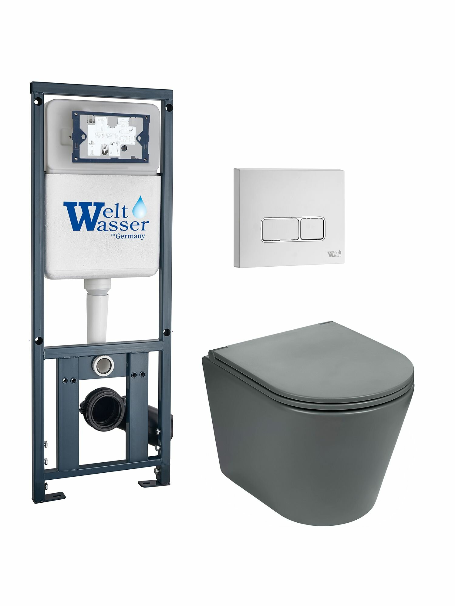 Комплект 6 в 1 WeltWasser: подвесной унитаз SALZBACH 043 MT-GR серый+кнопка смыва MAR 410 SE GL-WT белый+инсталляция MARBERG 410