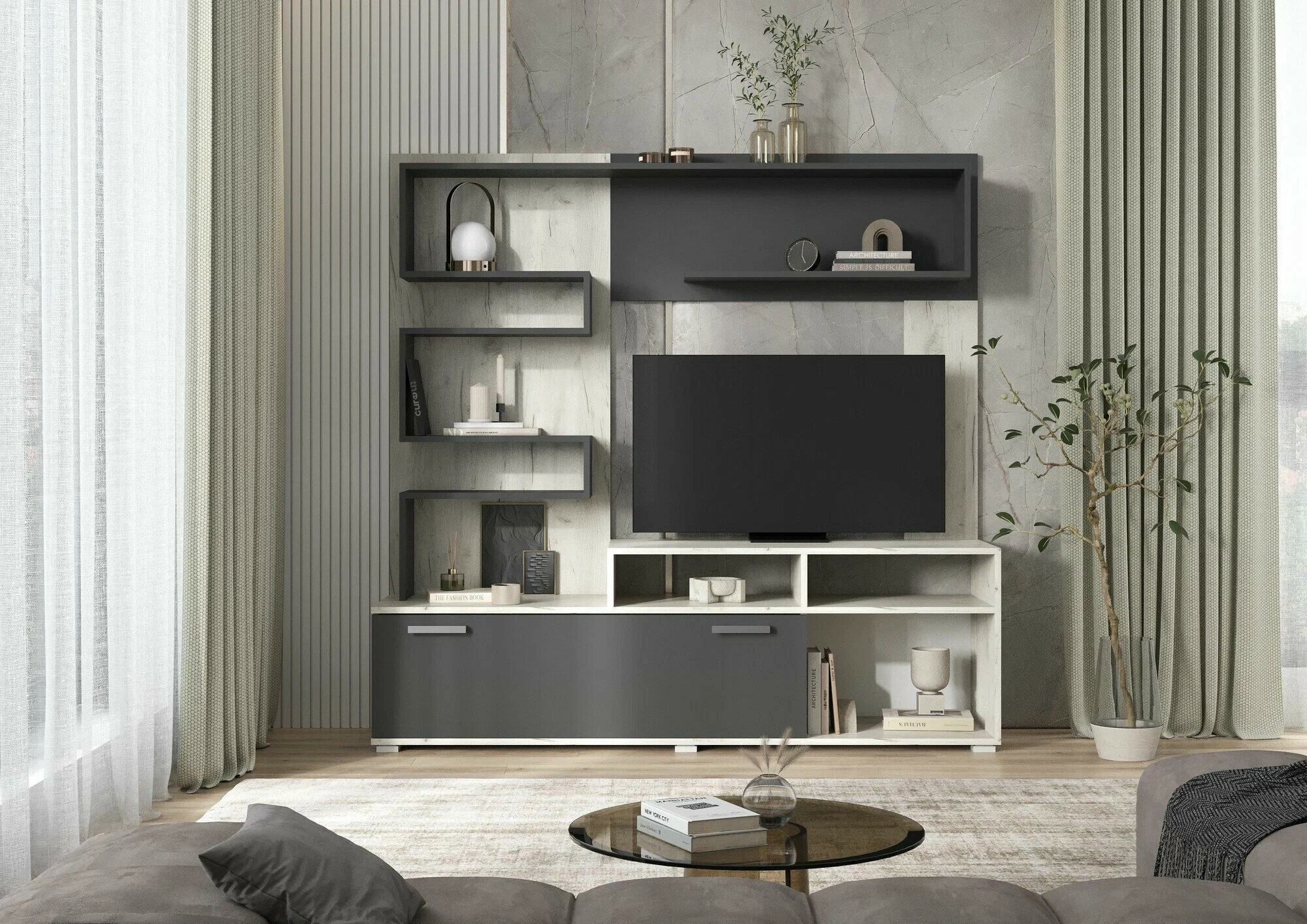 Гостиная стенка Миф Рица (1600) цвет Графит/ Дуб крафт белый, 1600×1570×400 мм