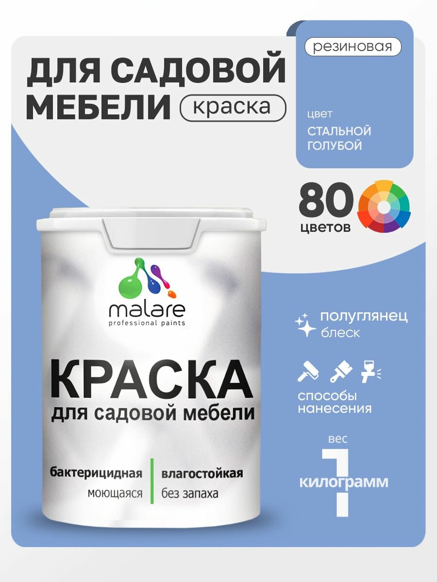 Резиновая краска Malare для садовой мебели/ по дереву, для наружных и внутренних работ/ быстросохнущая моющаяся без запаха полуглянцевая, стальной голубой, 1 кг