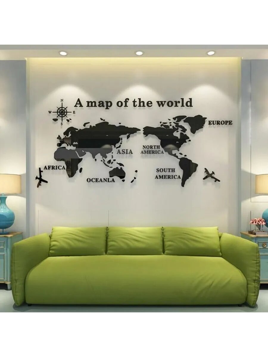Зеркальная карта мира для интерьера