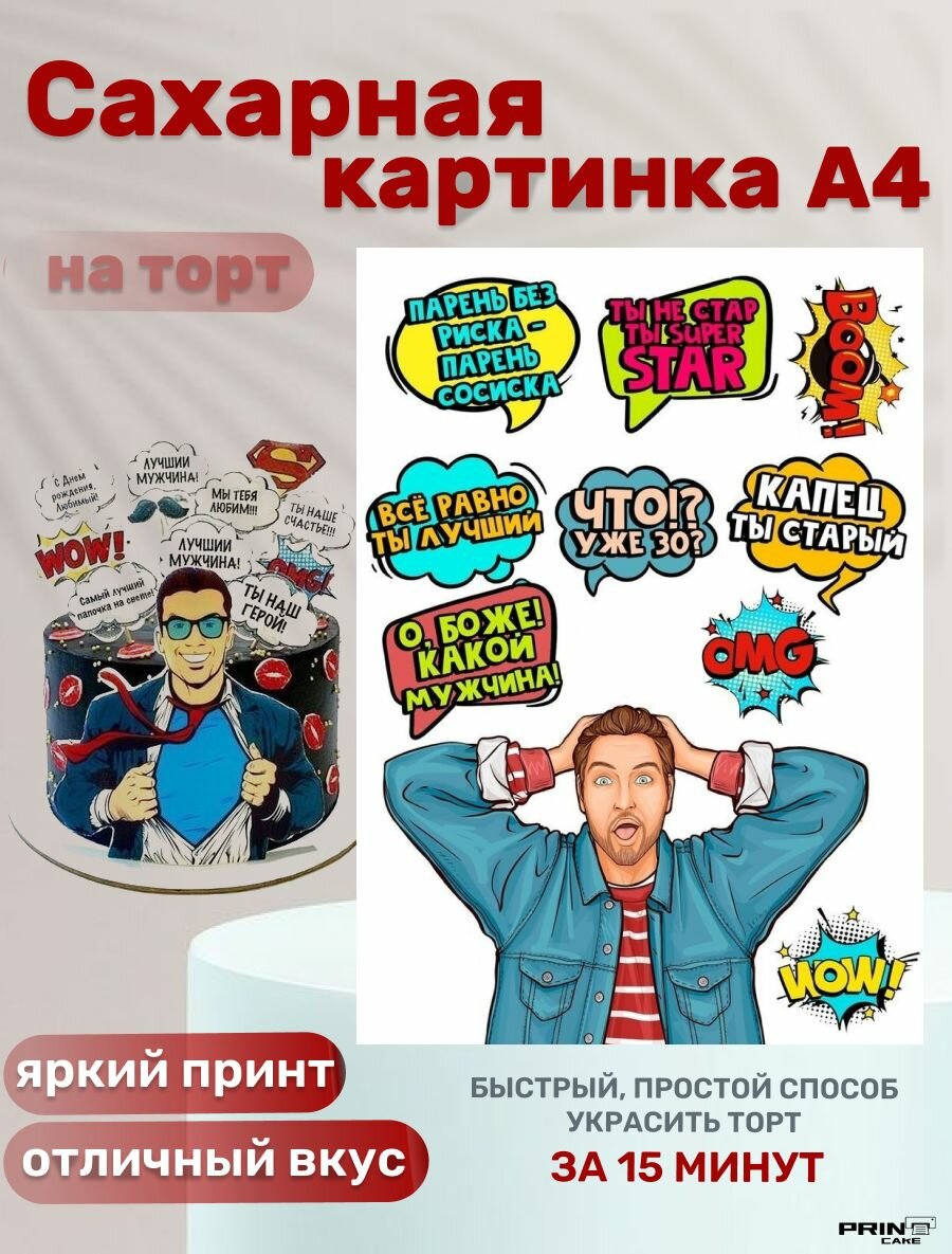Сахарная картинка для торта Что? Уже 30? на день рождения мужчине. Декор для выпечки, украшения для торта.