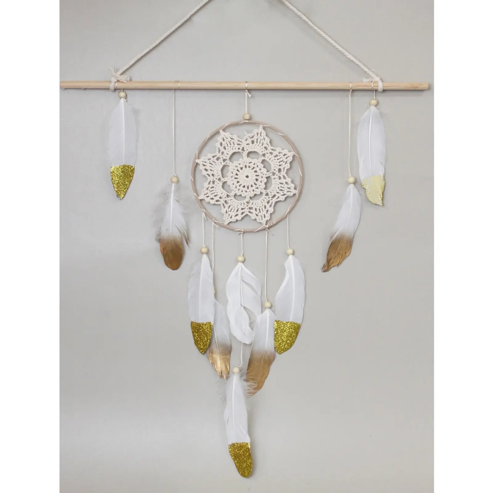 Ловец снов «Магическая ночь» 50×90см, декор с перьями и золотым акцентом