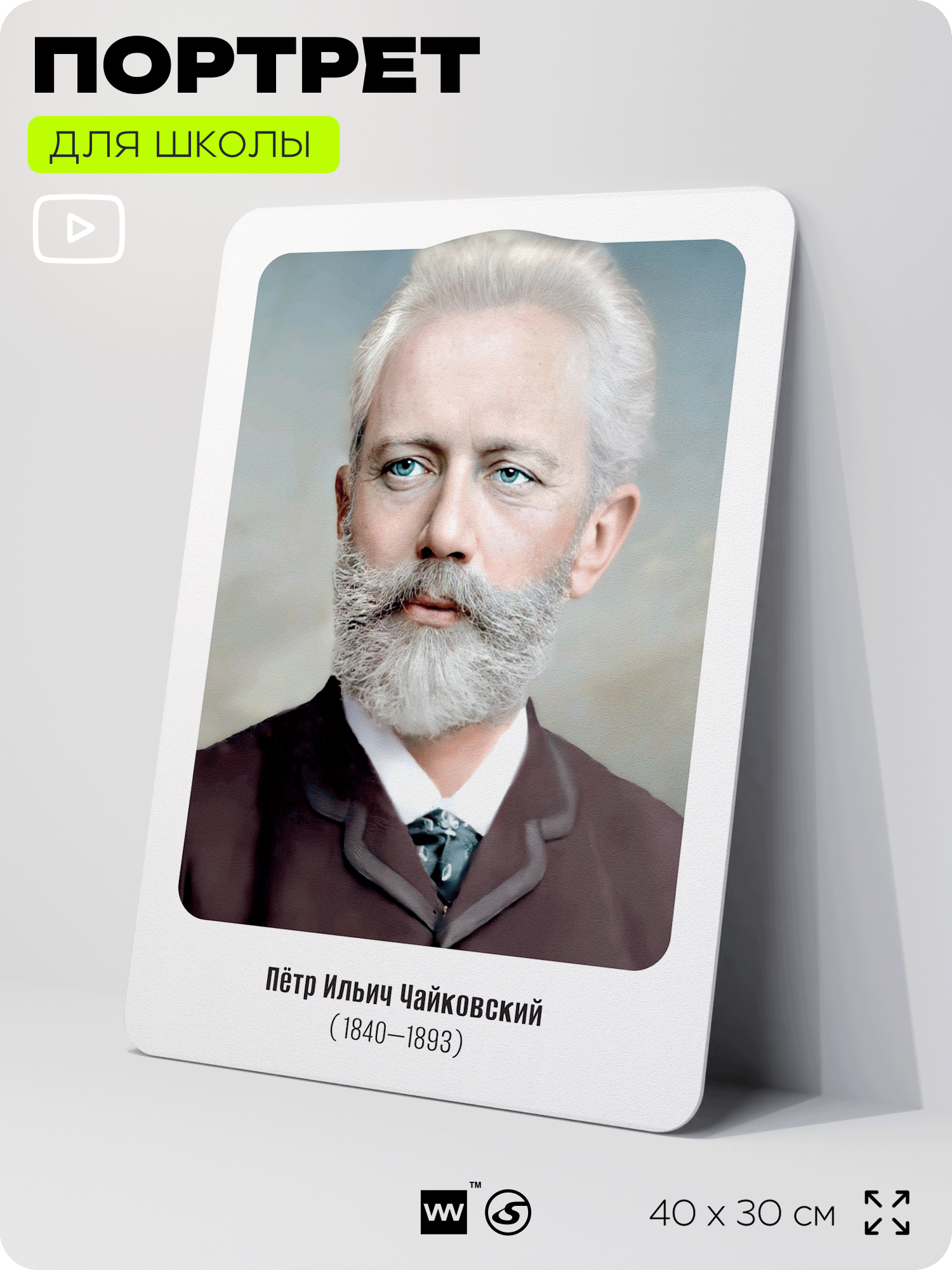 Портрет для школы в кабинет музыки "Чайковский Петр Ильич", стенд школьный для класса, деятели науки для оформления классного уголка, 40х30 см, Silver Plane x Айдентика Технолоджи
