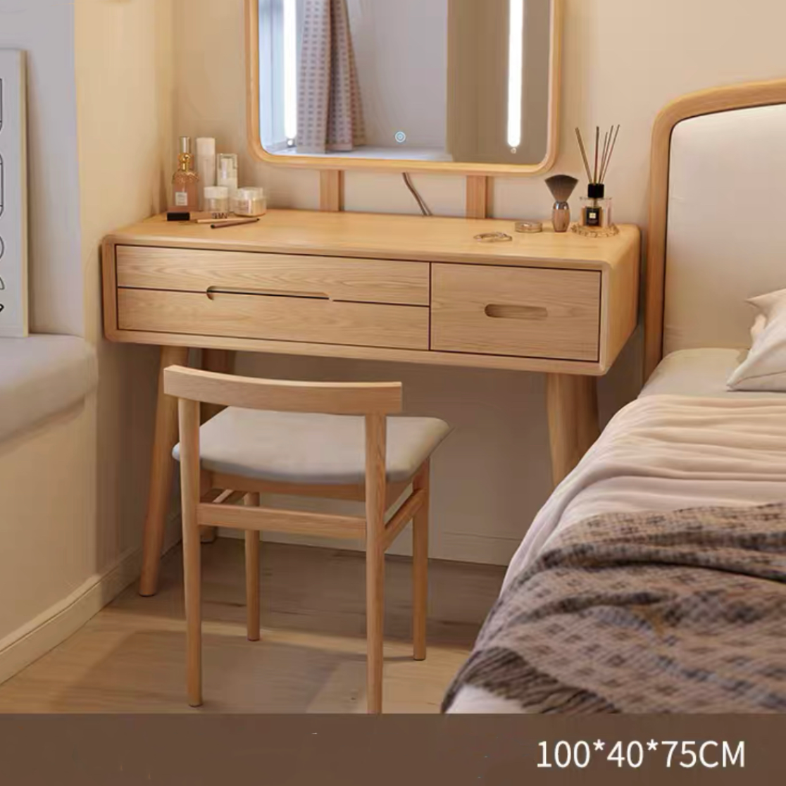 Туалетный столик Boise (светлое дерево / стол / 100см+ зеркало с подсветкой +стул со спинкой)