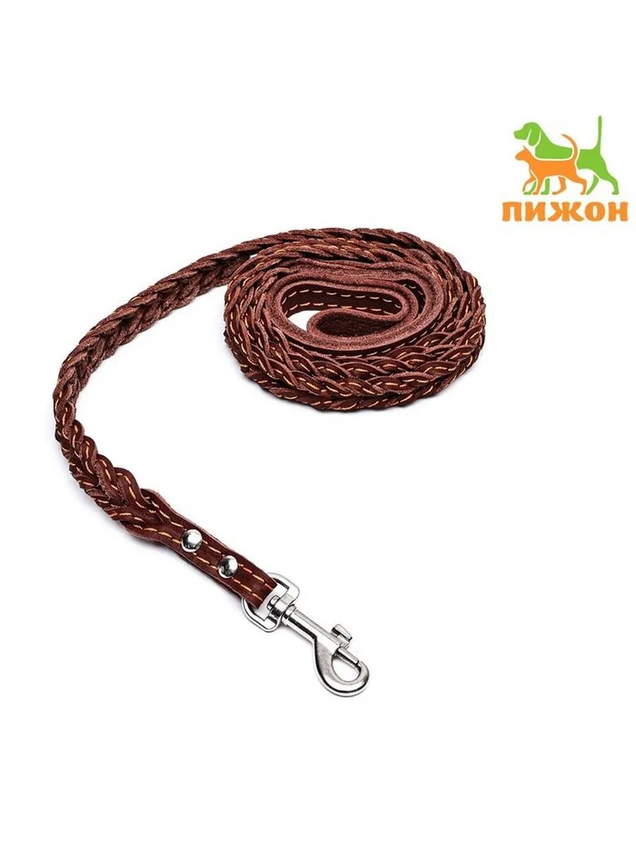 Поводок кожаный плетеный "Коса", 1.25 м х 1.1 см, коричневый