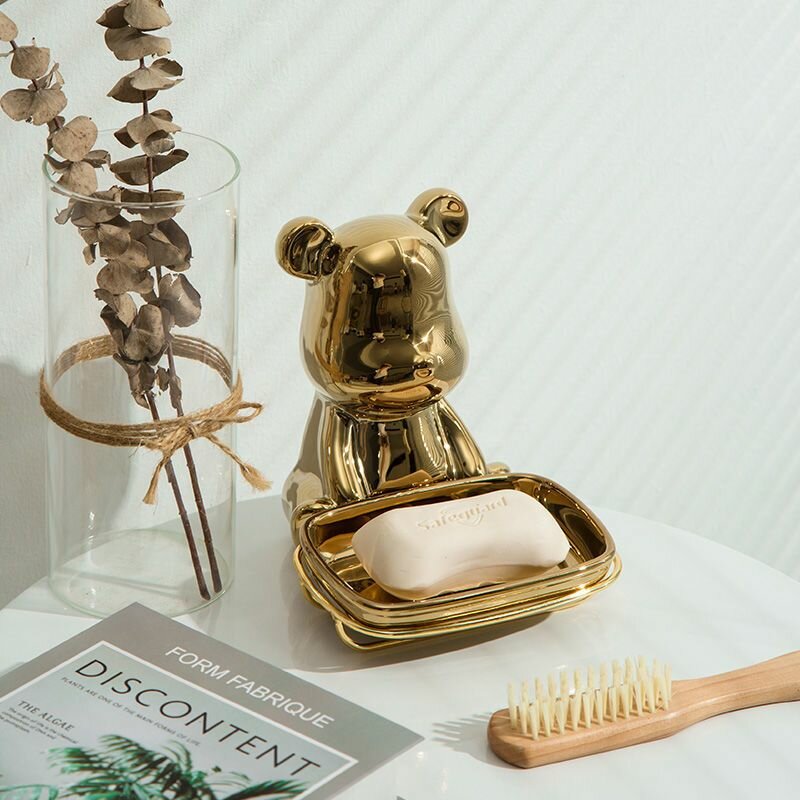 Мыльница-держатель со сливом для ванной и кухни MyPads, идеально пишется в любой интерьер в стиле минимализма, отличный подарок на новоселье, серебристый медвежонок