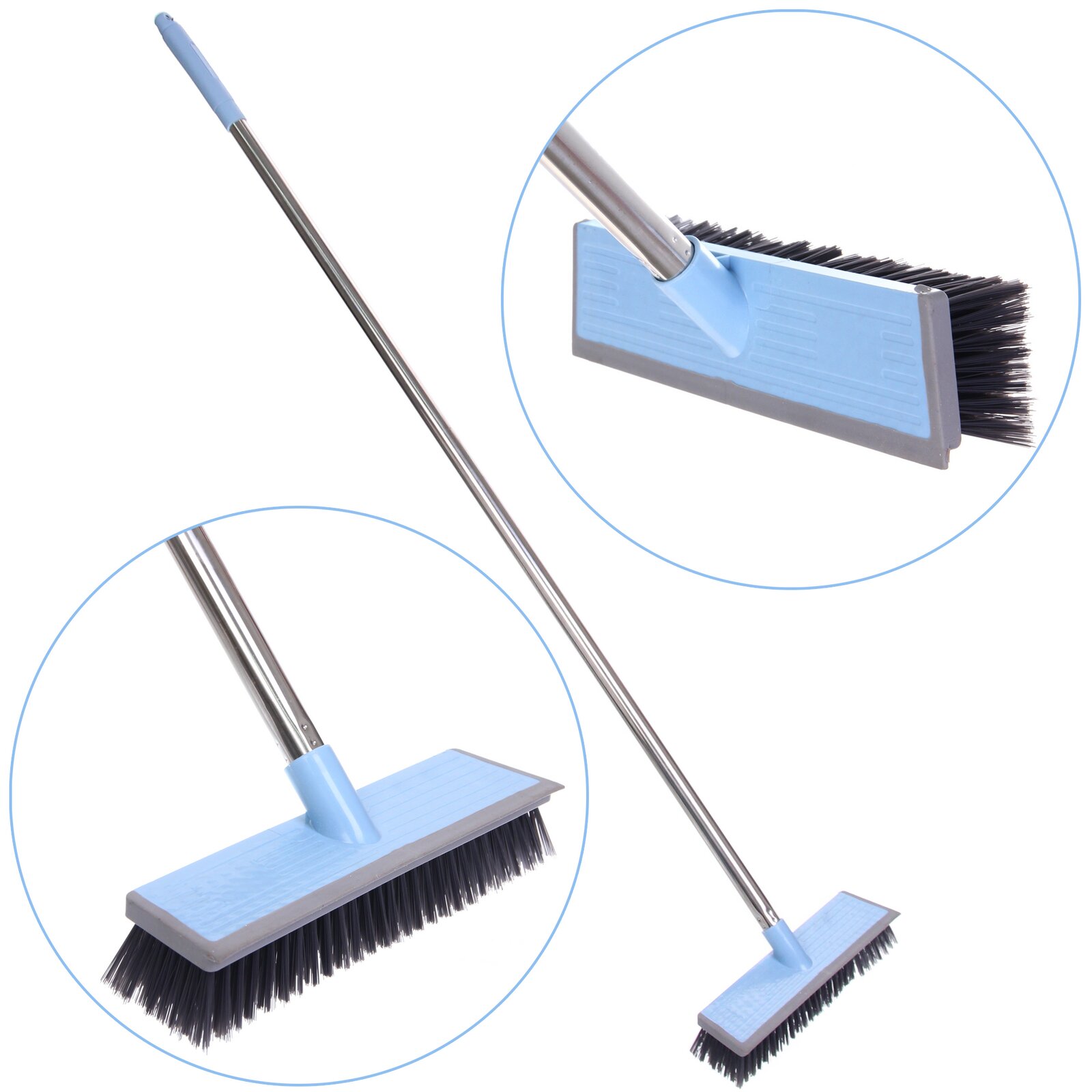 Щетка-скраббер для пола с длинной ручкой 120 см, пластик, голубая основа, черная щетина