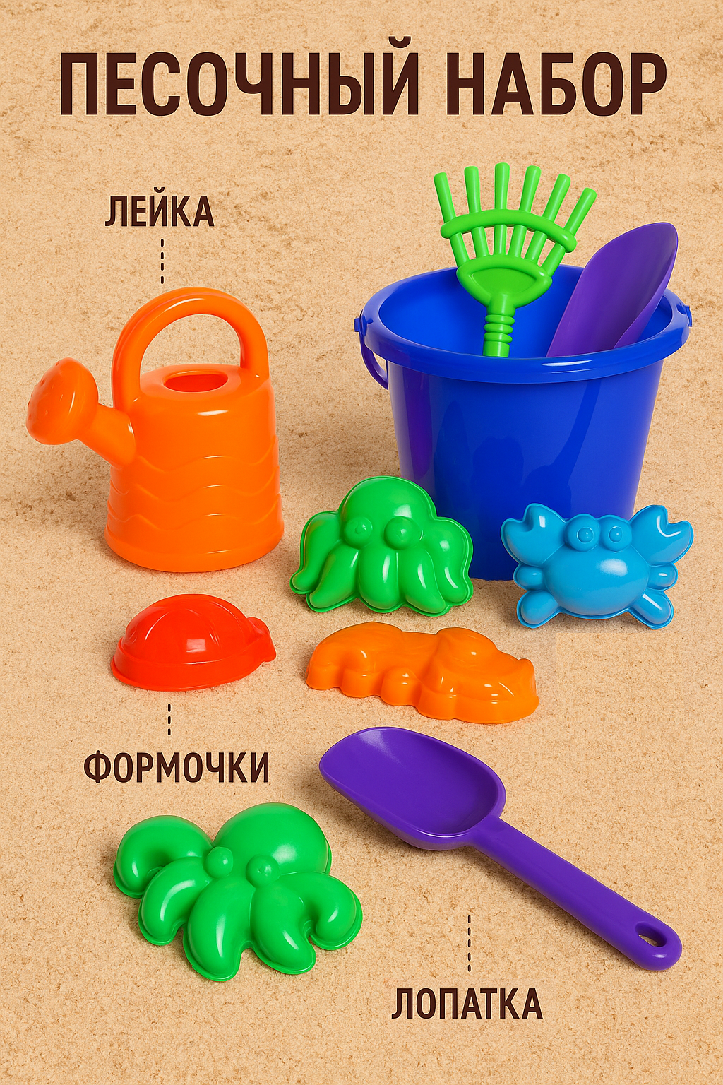 Набор для песочницы, ведро, совок, грабли, 4 формочки, лейка, пластик