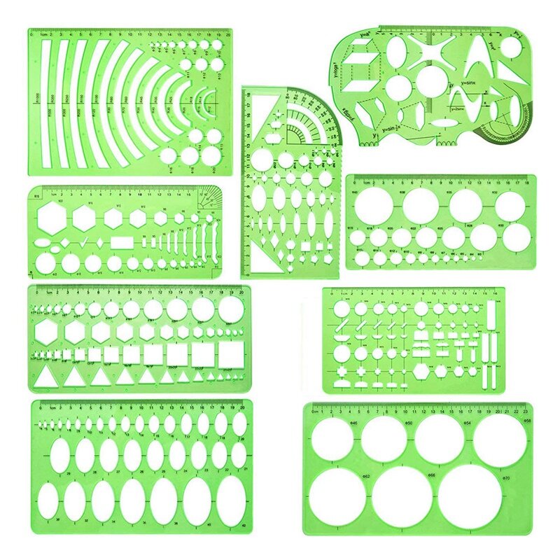 9 шт. Геометрические шаблоны для рисования, измерительные линейки, пластиковые чертежные линейки для школьного офисного здания - прозрачный зеленый