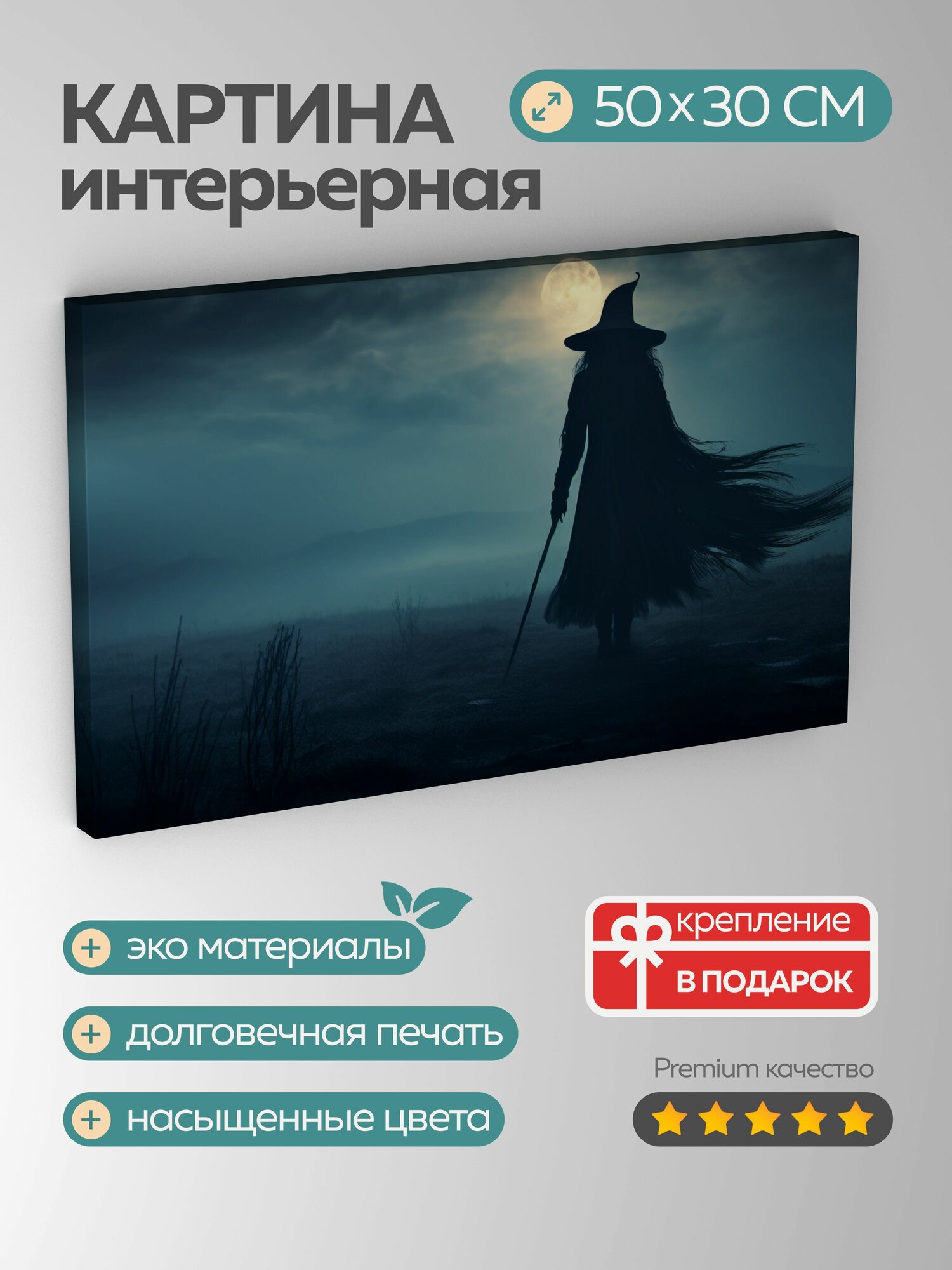 Картина на холсте интерьерная 50х30 см, фотография, ведьма, костюм, холм, туман, звездное небо, метла, полумесяц