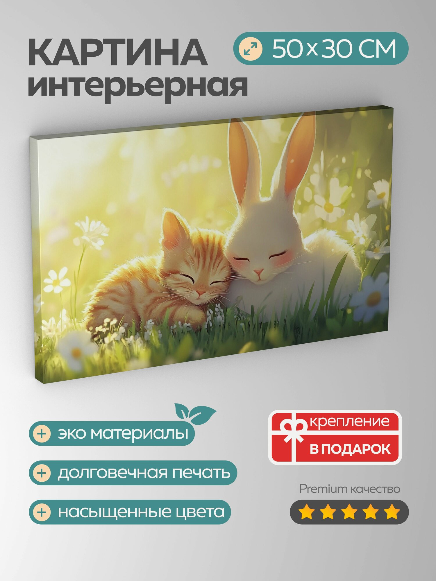 Картина на холсте интерьерная 50х30 см, анимация, Дисней-Пиксар, животные, кролик, котенок, дружба, привязанность, луг