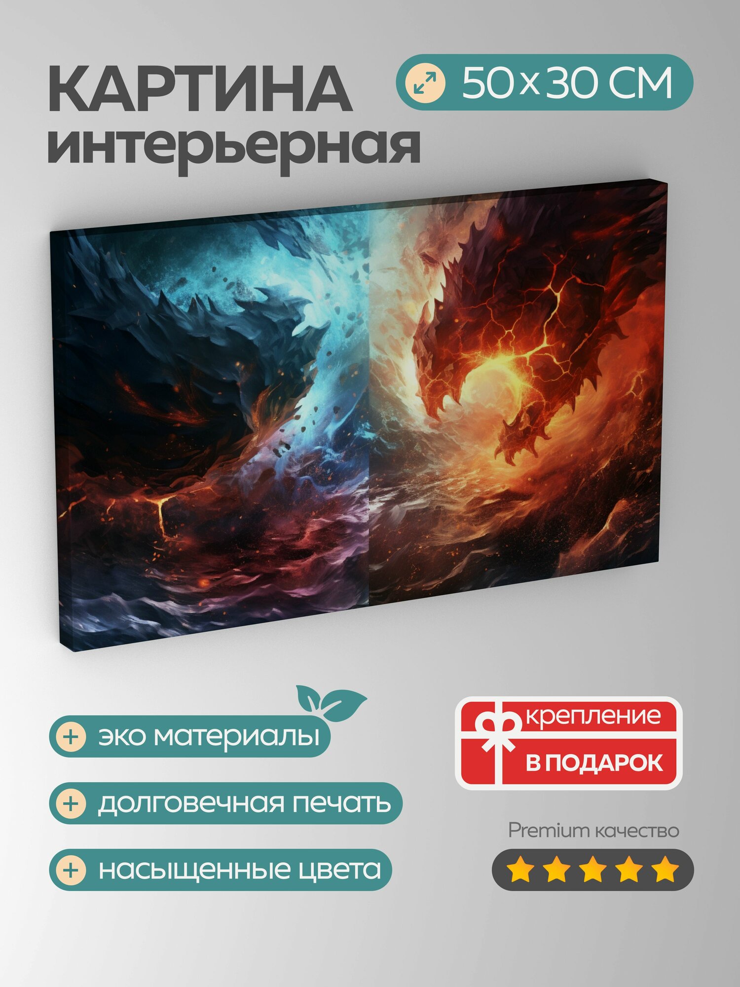 Картина на холсте интерьерная 50х30 см, битва, эпическая, динамичная, огонь, вода, виртуальная реальность