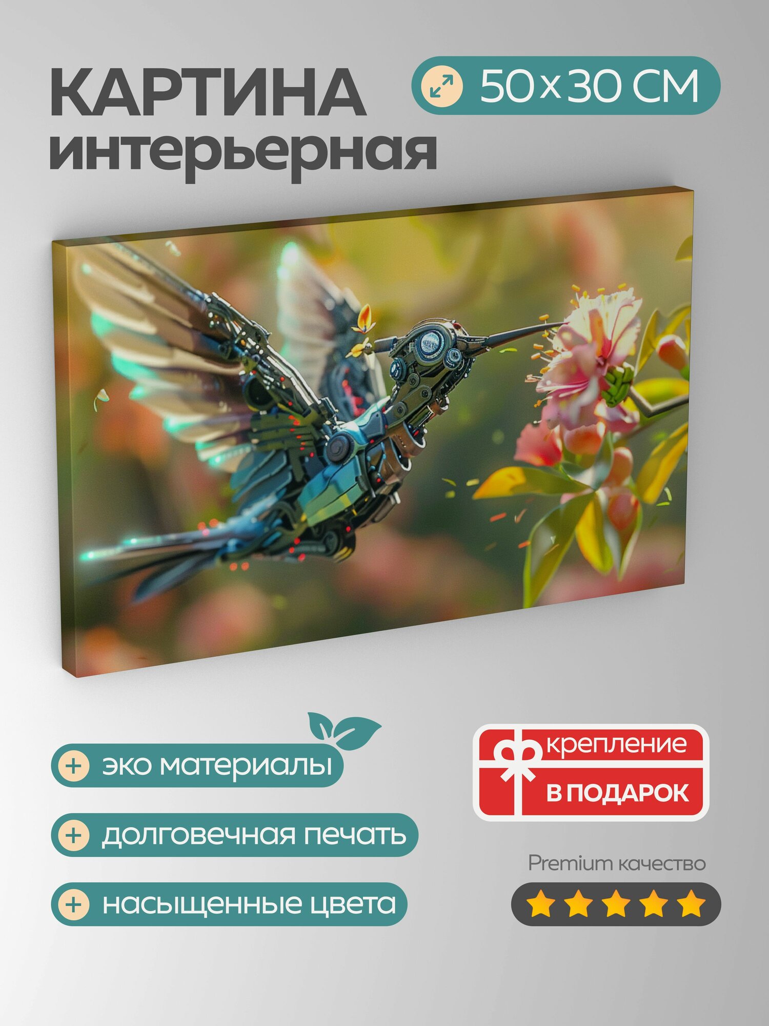 Картина на холсте интерьерная 50х30 см, Футуристическая, цифровая, роботизированная, колибри, механические крылья