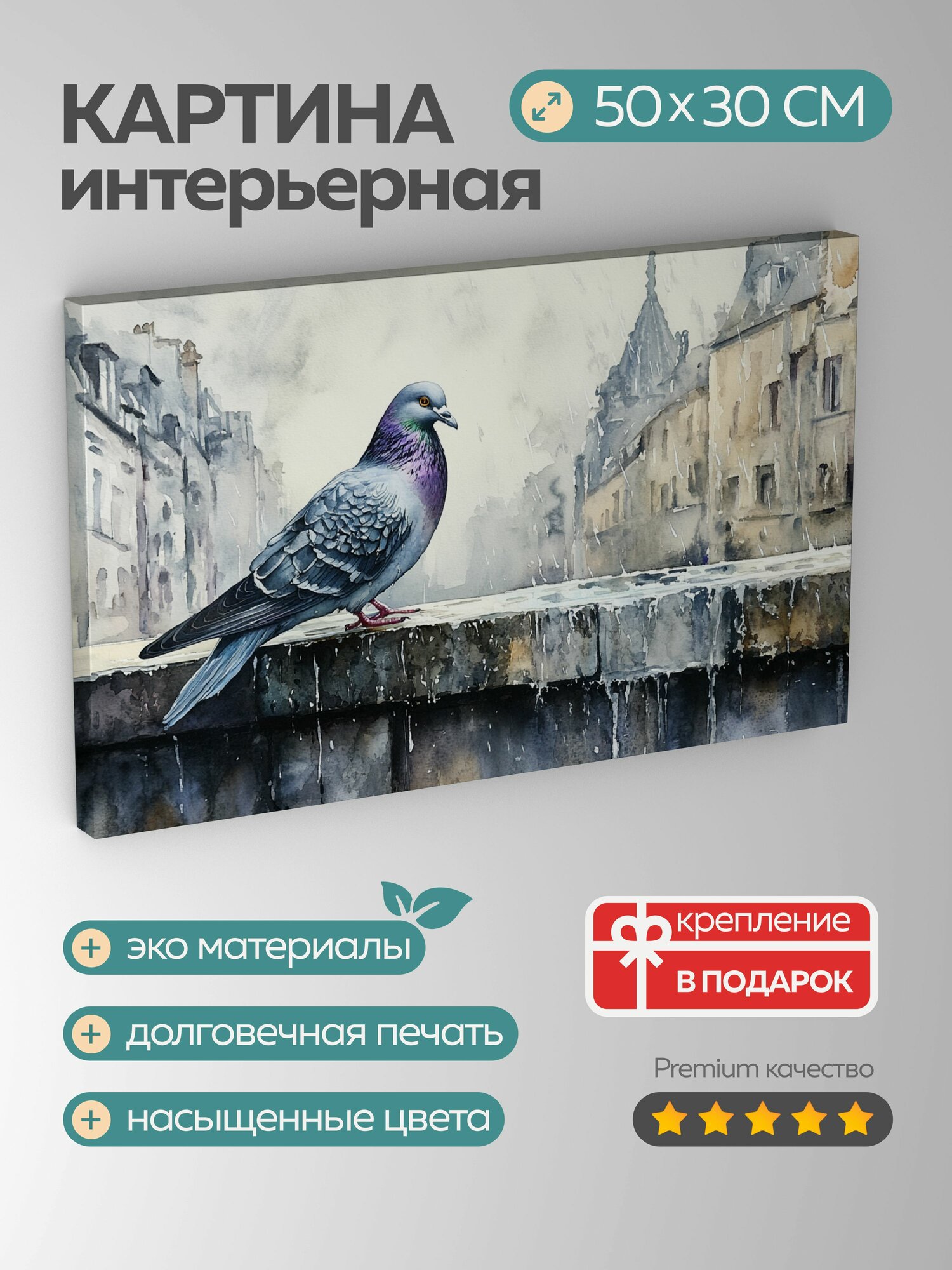Картина на холсте интерьерная 50х30 см, голубь, ливень, акварель, промокший, городской пейзаж, булыжный выступ