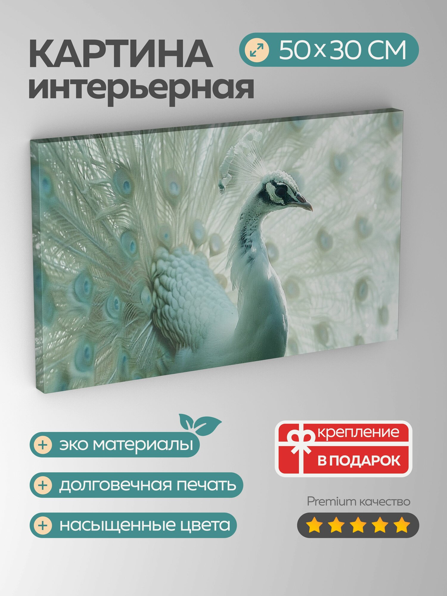 Картина на холсте интерьерная 50х30 см, павлин, оперение, перья, узоры, детали, элегантность, грация, размер, величие