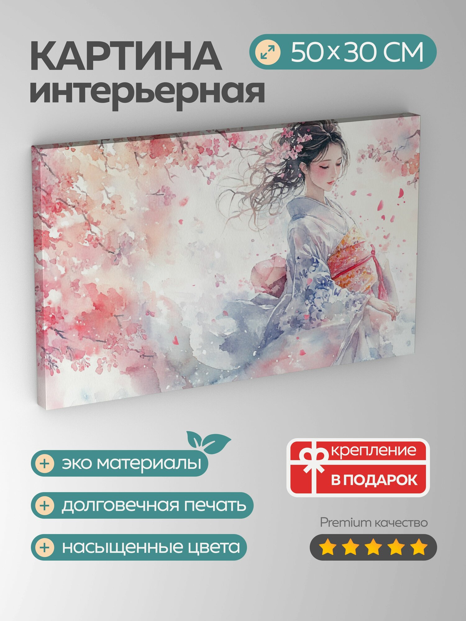 Картина на холсте интерьерная 50х30 см, женщина, кимоно, сакура, акварель, иллюстрация, ветерок, лепестки, цветы