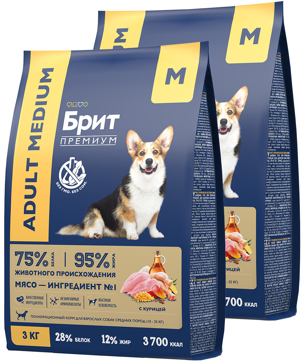 БРИТ ПРЕМИУМ DOG ADULT MEDIUM для взрослых собак средних пород с курицей (3 + 3 кг)