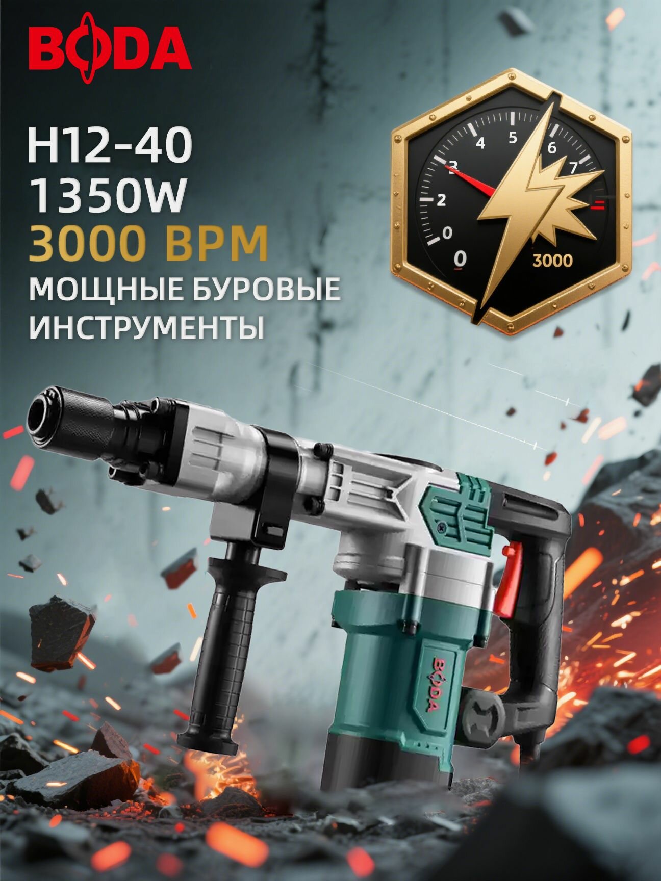 Мощная электрическая кирка BDA1350 H12-40, 3000 об/мин, ударопрочная