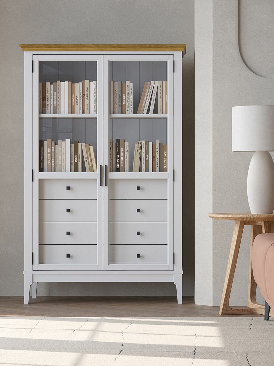 Шкаф для посуды ММЦ Гостиная Квадро-С 20/04Б (белый лак-антик 24) из массива сосны