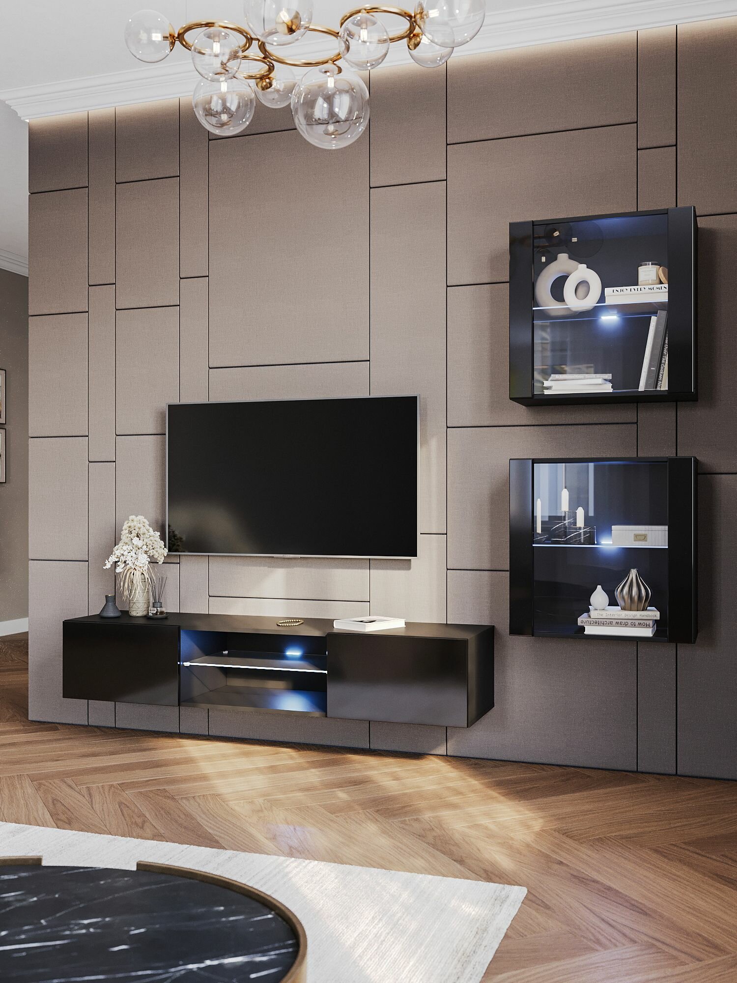 Стенка в гостиную, стенка для гостиной Point-К24, тв тумба подвесная , Черный глянец, 220х150х40 см (ШхВхГ)