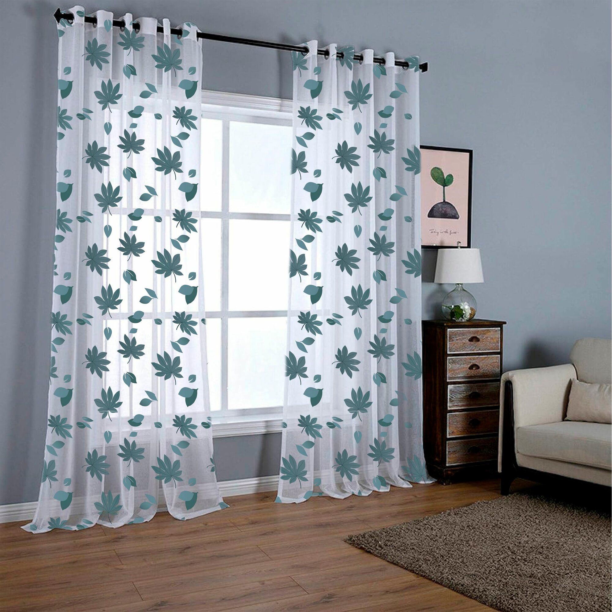 Тюль с рисунком для кухни короткий из двух полотен на люверсах арт КЛЕН-Л-4599 выс 250 см. цвет бирюзовый