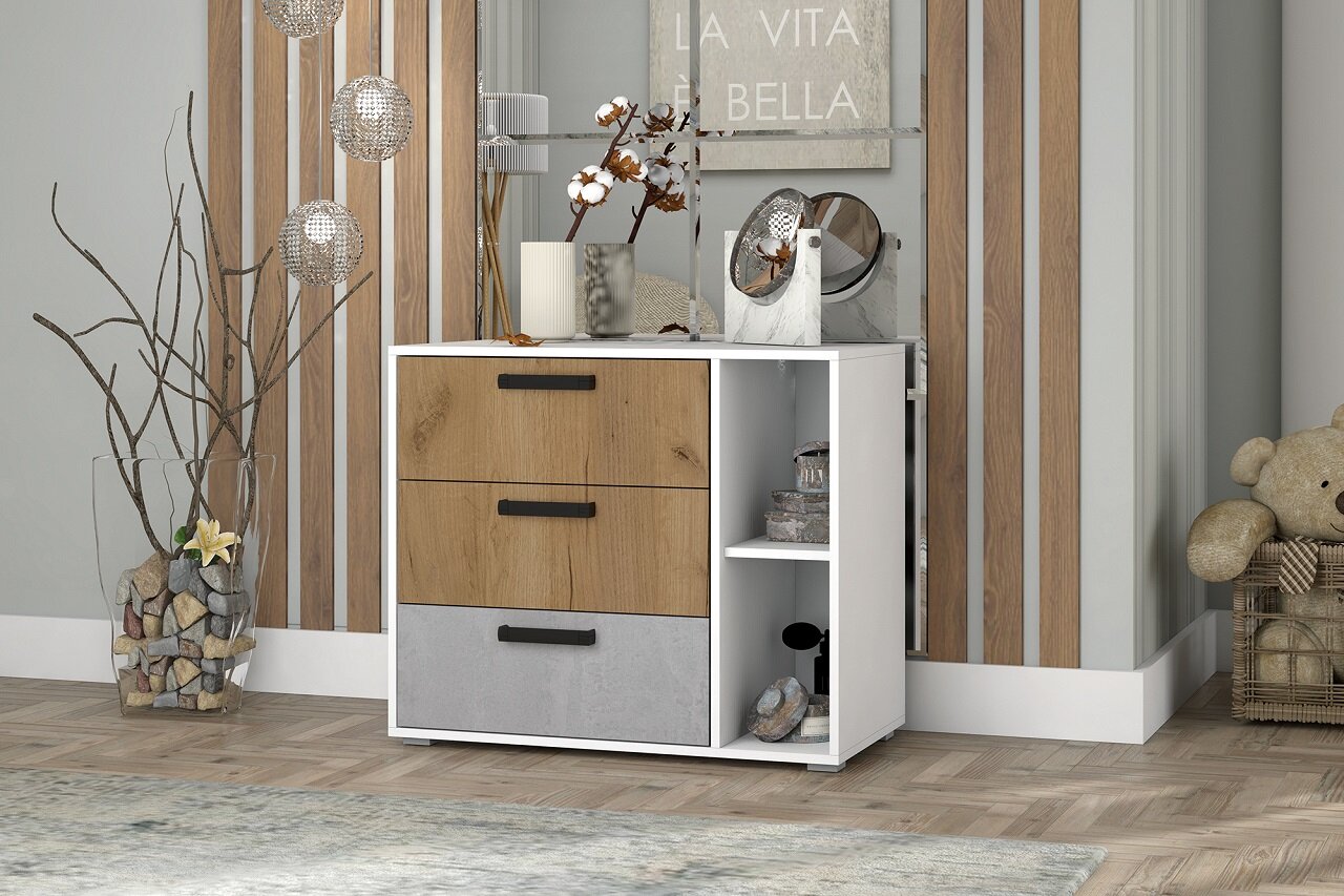 Комод МС "Юпитер" Белый Текстурный, Дуб Крафт Золотой, Бетонный Камень, ширина 85.5 см, с полками, с ящиками