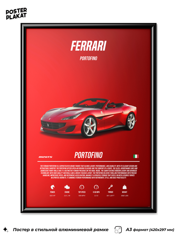 Постер на стену с машинами, Ferrari Portofino, авто Феррари Портофино, для интерьера, в раме, А3 (420х297 мм), Постер Плакат