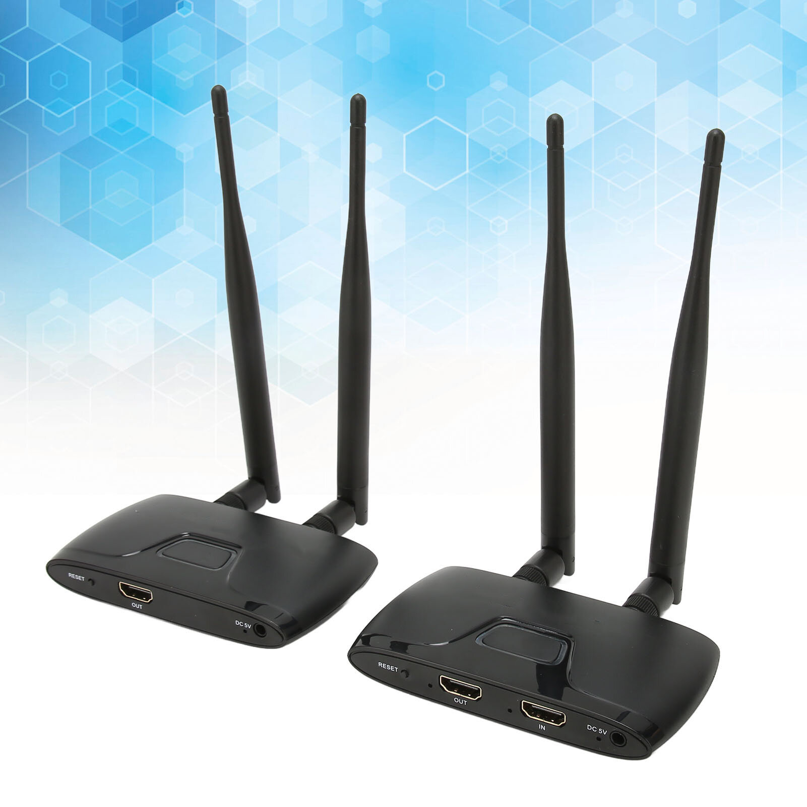 Wireless HD Multimedia Interface Extender FHD 656ft Dual Antenna 2.4G 5G AV Transmitter Receiver с Loop Out 100‑240V US Plug 1080p 60Hz H.265 DTS Sound DTS HD PCM LPCM Transmission Distance 200m/656ft Material Plastic Product Size 115.5x61x19mm