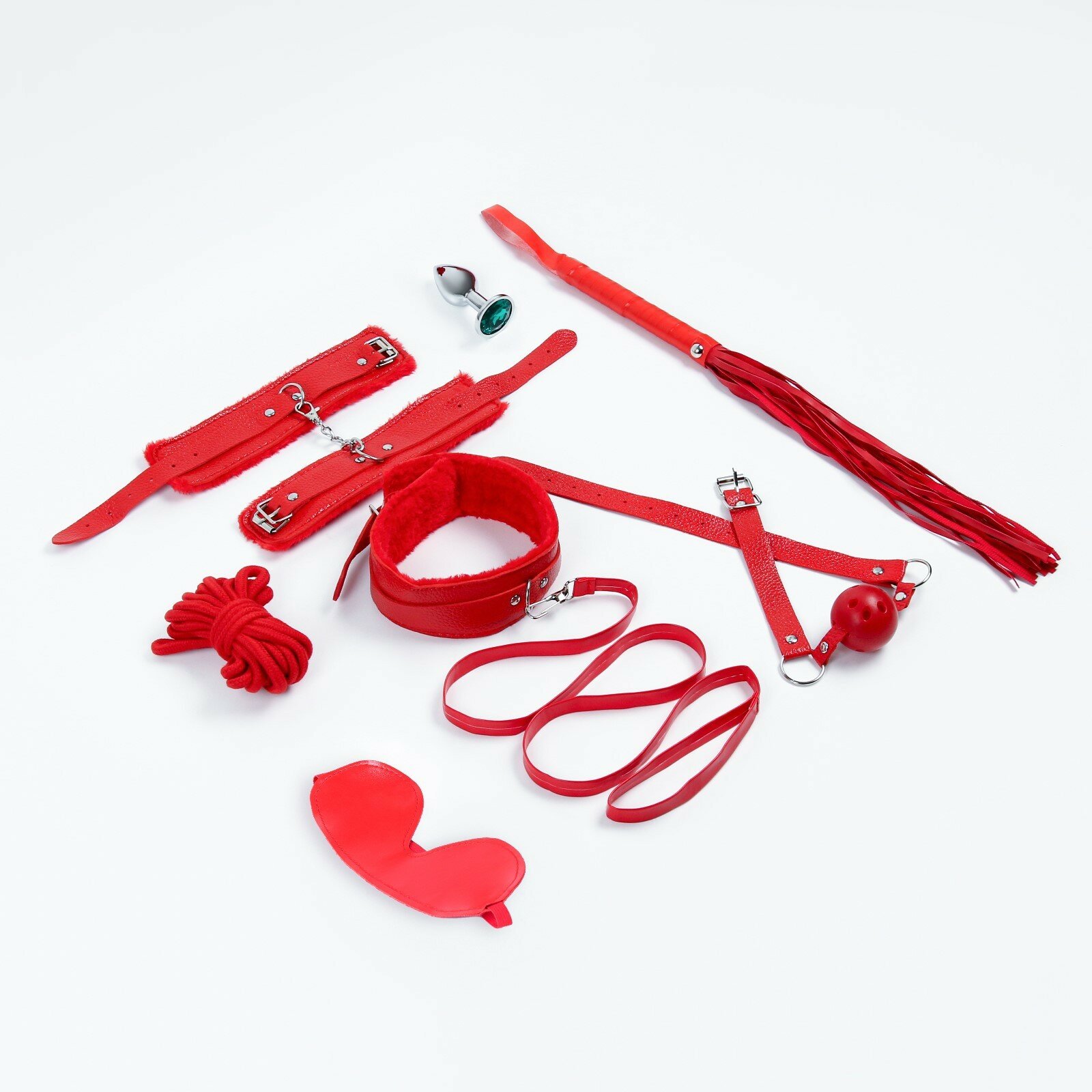 Эротический БДСМ набор металл, кожа, набор 8 предметов, красный