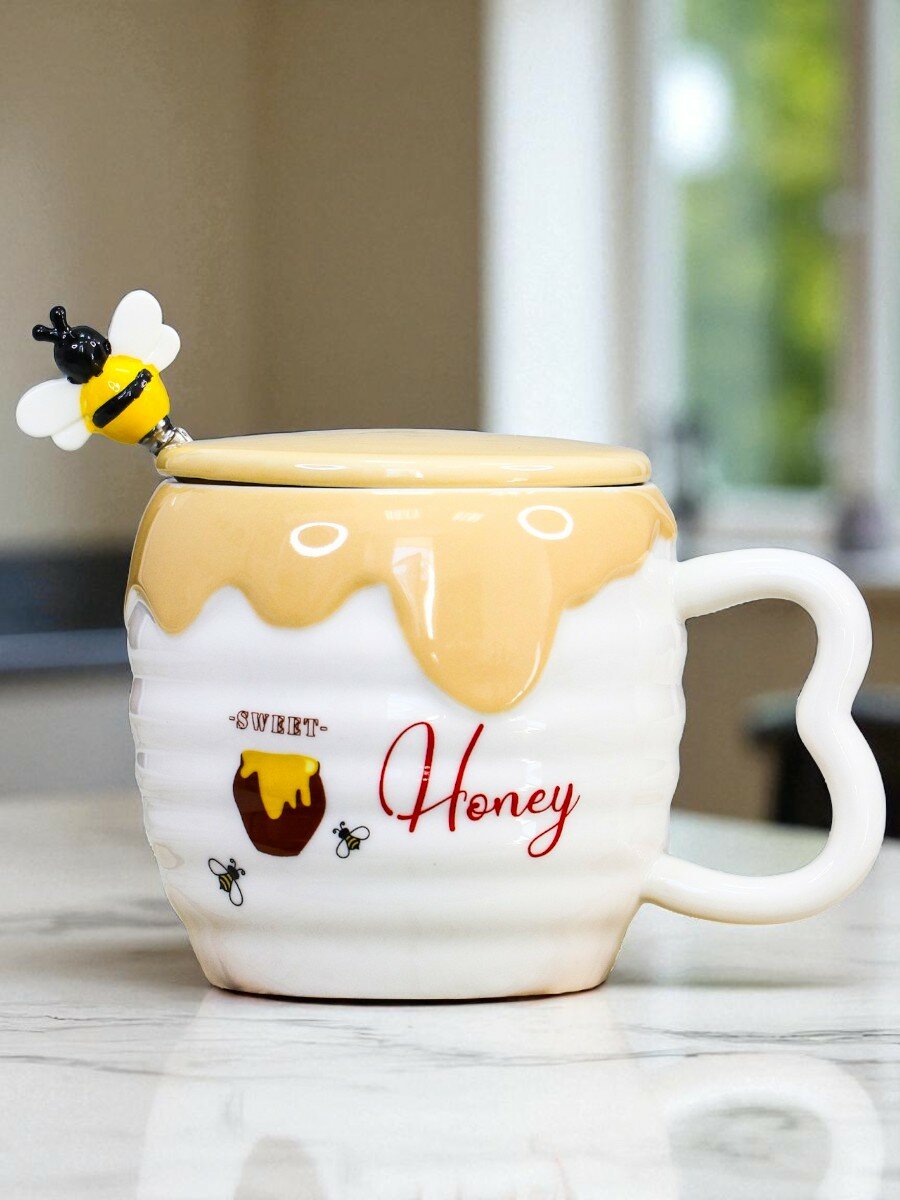 Кружка для чая с крышкой Медовая 400 мл Эврика (N 3) чашка с ложкой женская, подарочная, кофейная "Бочонок Мёда / Honey"