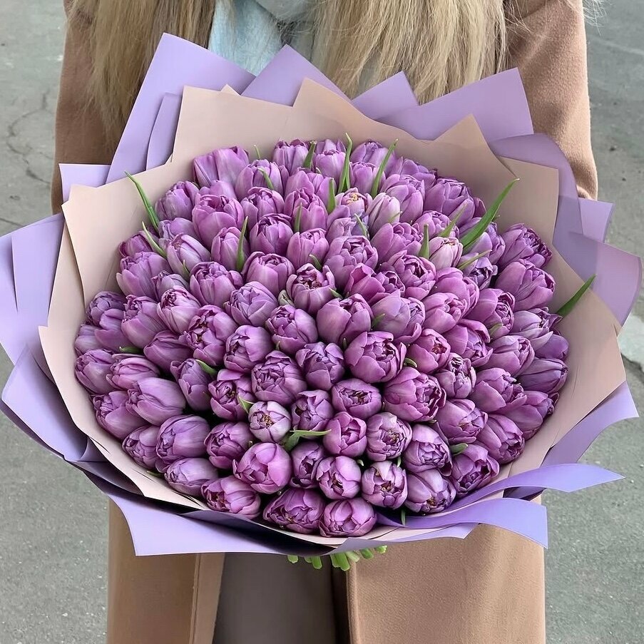 Букет из фиолетовых тюльпанов 101 шт, красивый букет цветов, шикарный, премиум цветы, премиум букет