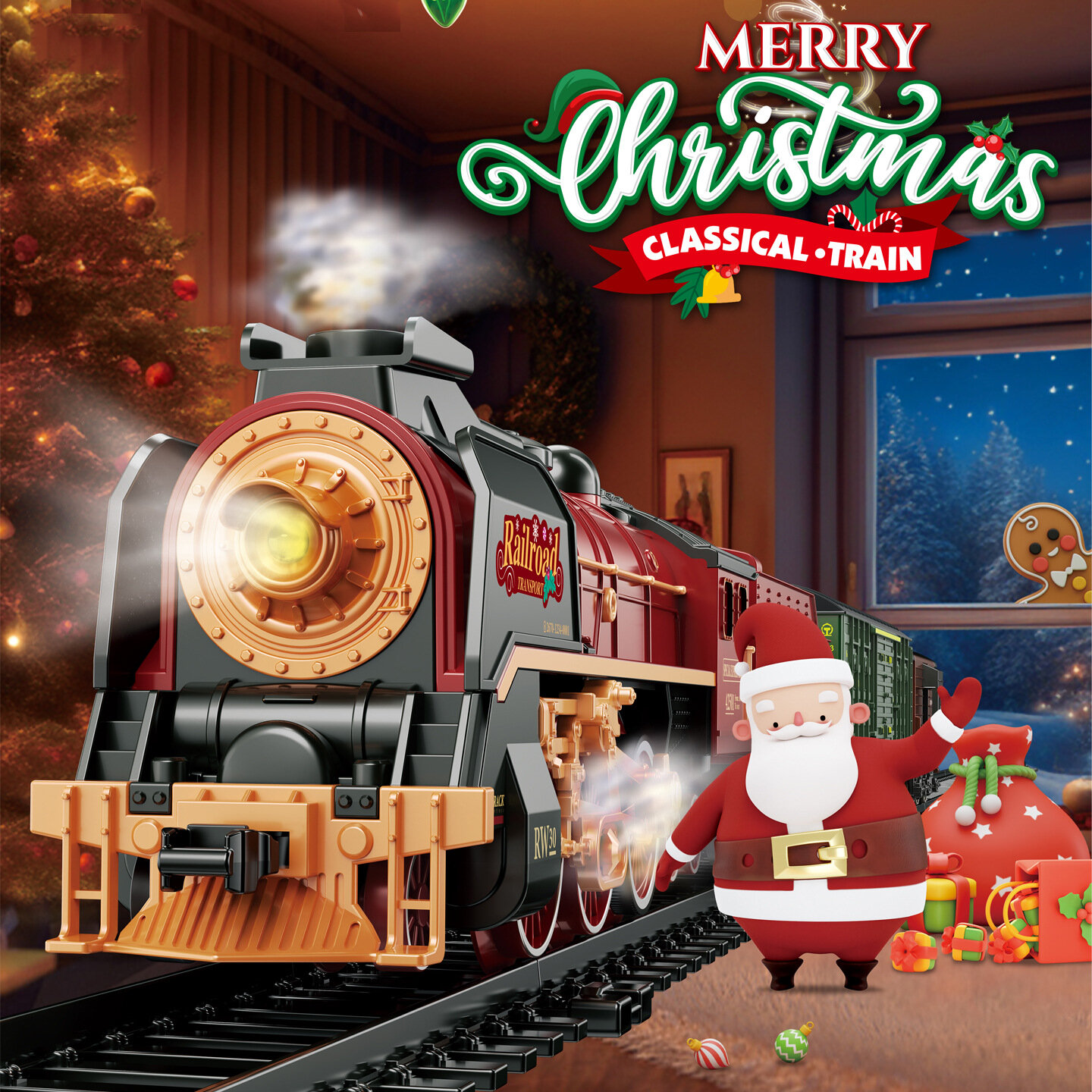 Железная дорога детская，железная дорога，рождество，Ретро-паровозик с дистанционным управлением（216*92.5cm）