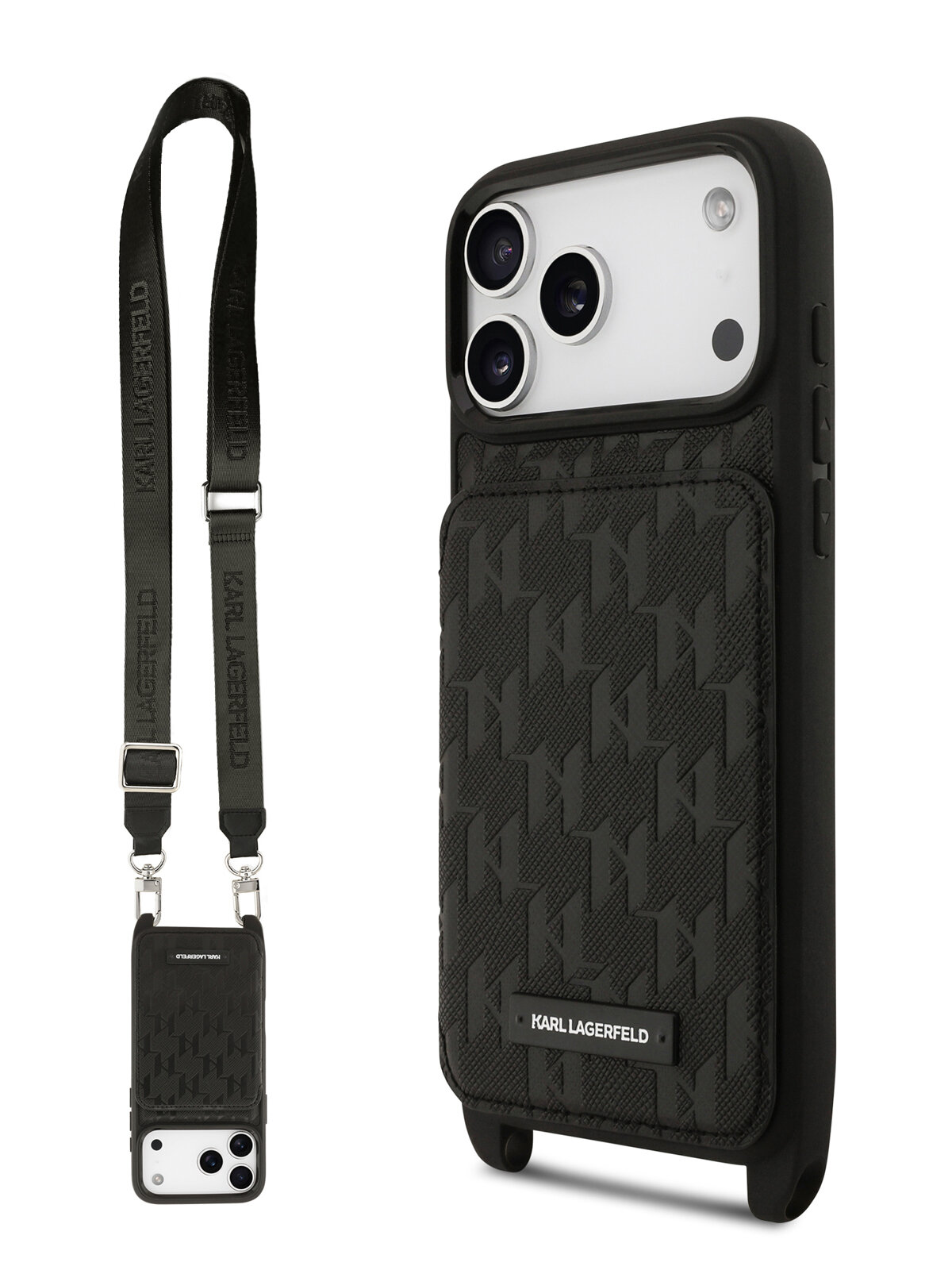 Чехол Karl Lagerfeld на iPhone 17 Pro Max, с картхолдером, кросс-боди с ремешком, черный