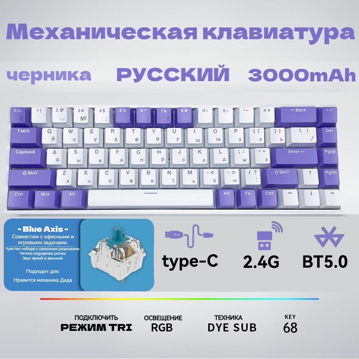 Механическая клавиатура Gehowesy HM68 "Черничный снег", беспроводная, RGB, 68 клавиш Трехрежимный Bluetooth RGB