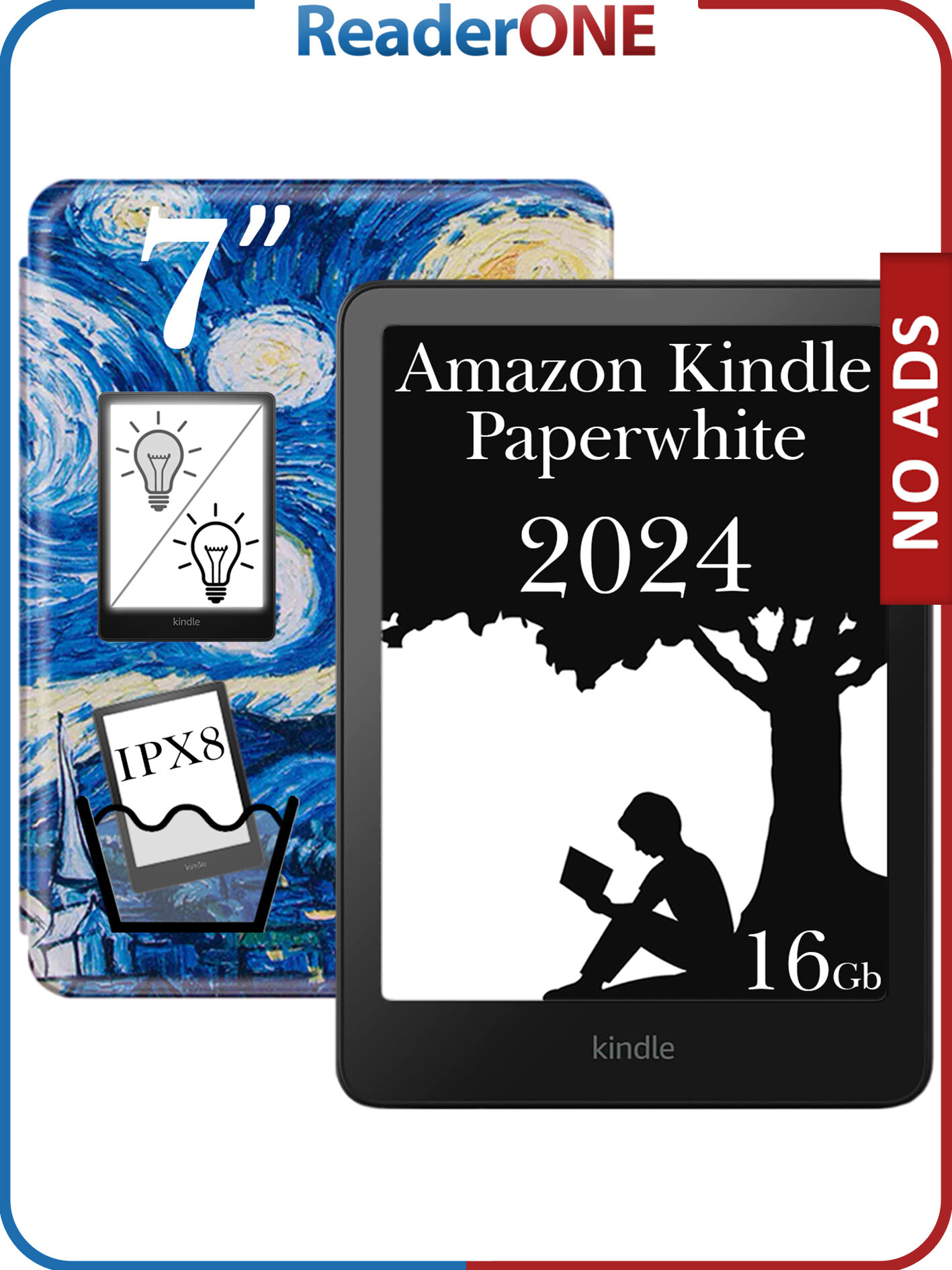 Электронная книга Amazon Kindle PaperWhite 12 2024 16Gb Black, версия без рекламы с обложкой ReaderONE PW 2024 Van Gogh