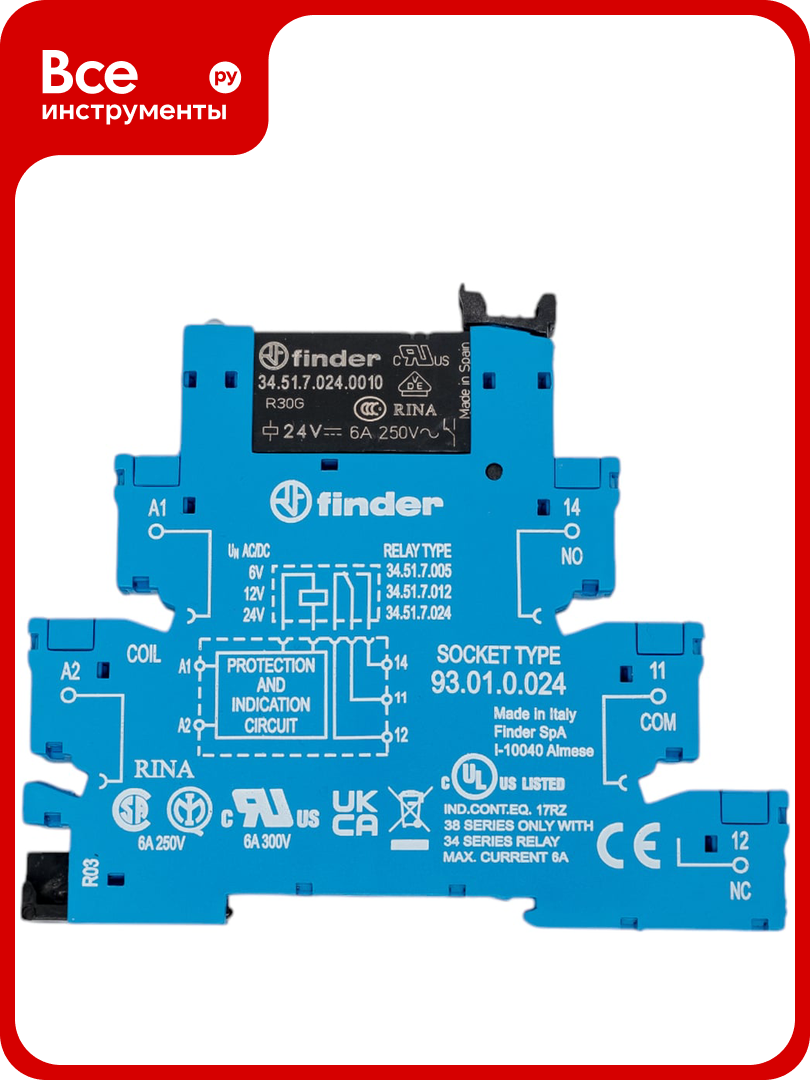 Интерфейсный модуль реле Finder, 1 CO конт. 6а /= 24в Ac/Dc, винт. зажимы, 385100240060, 6 а