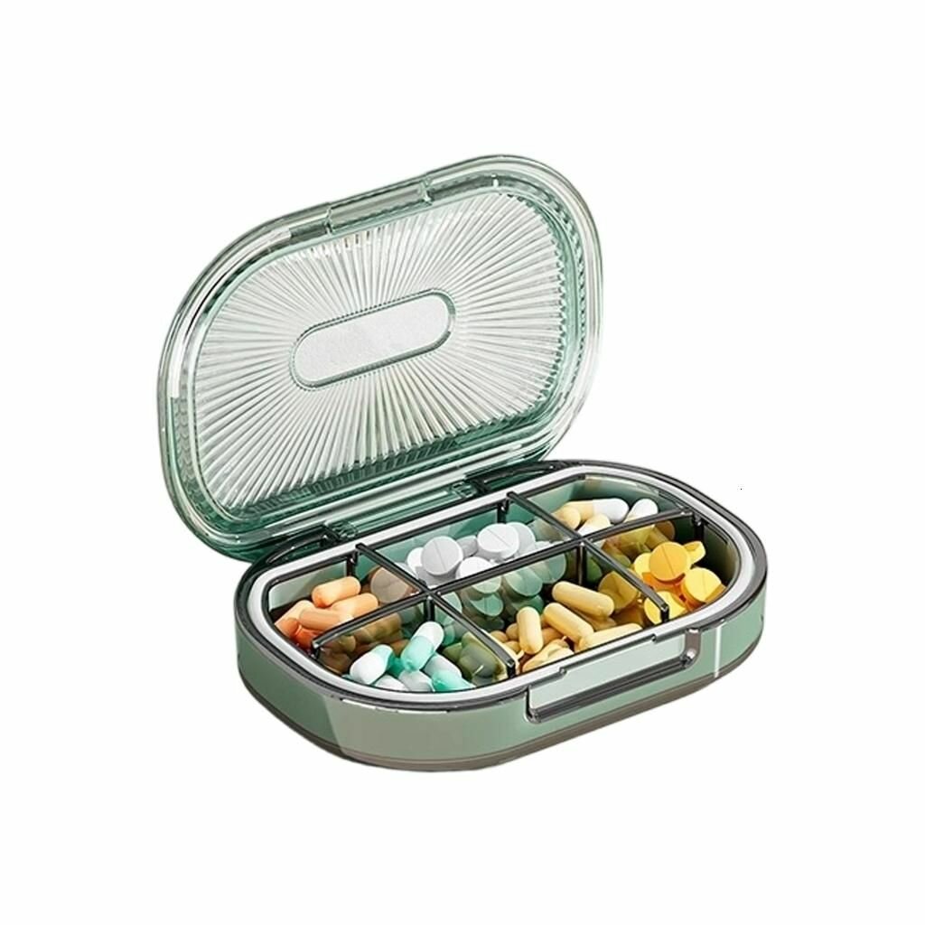 Компактная прозрачная коробка для лекарств с 6 защищенными отсеками, влагонепроницаемый дизайн для путешествий, Зеленый